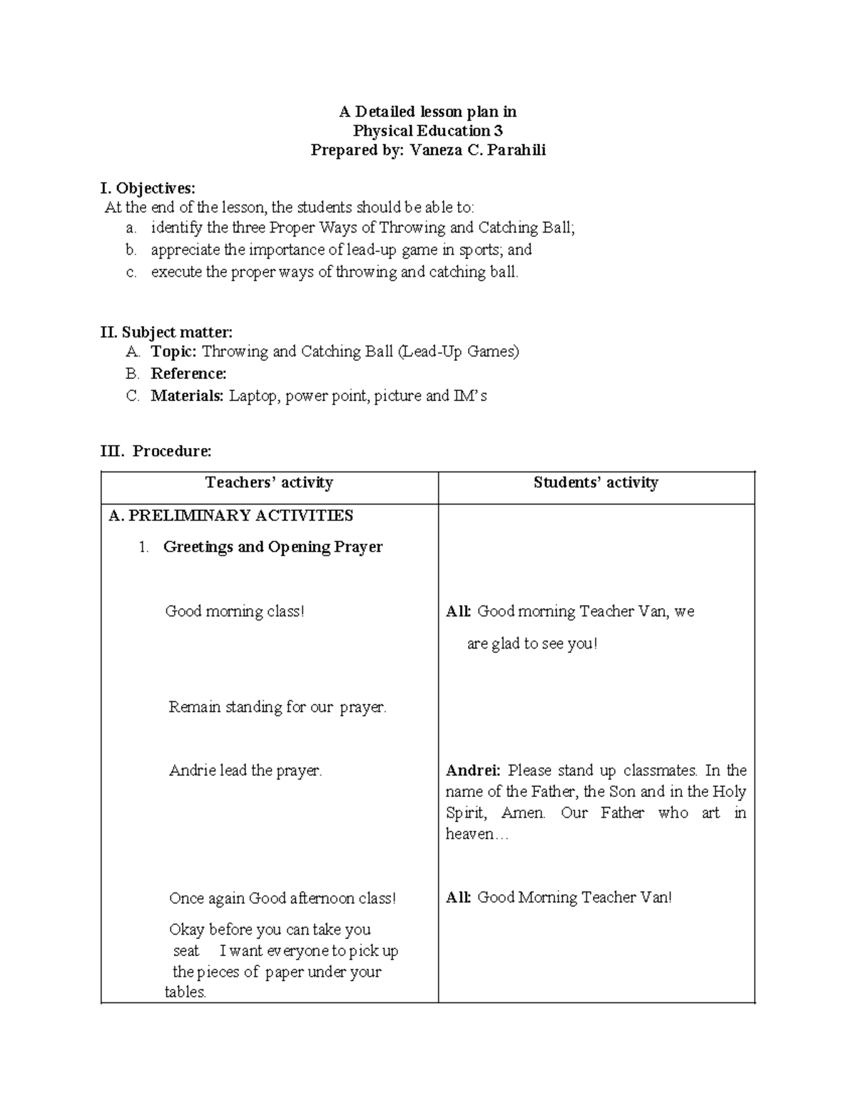 Lesson Plan for PE 3: Mastering Ball Passing and Throwing Skills - Studocu