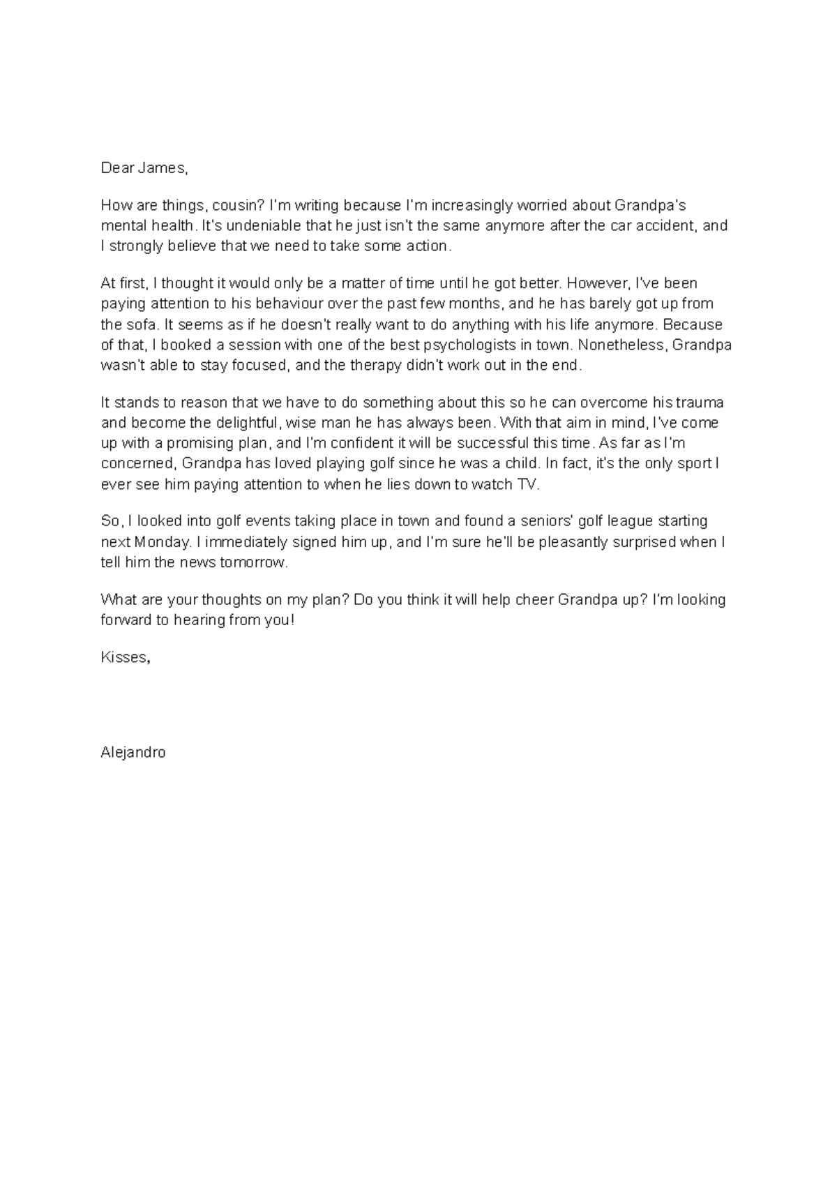 Informal Letter: Supporting Grandpa's Mental Health Recovery - Studocu