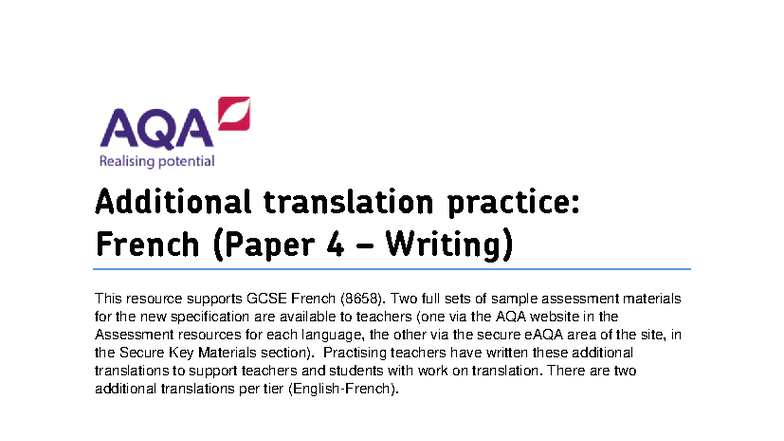 GCSE French (8658) Paper 4 Writing: Translation Practice & Marking ...