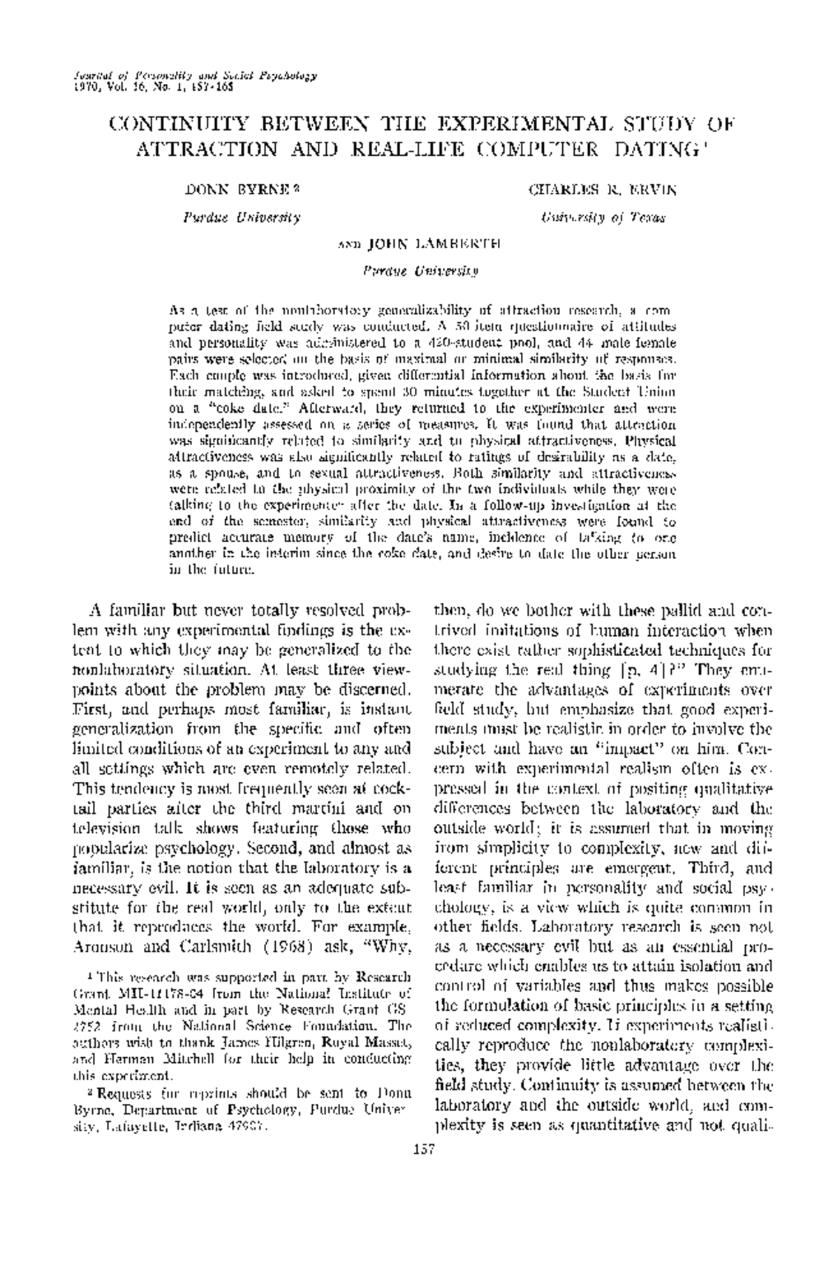 Continuity Between Experimental Attraction Studies and Computer Dating ...