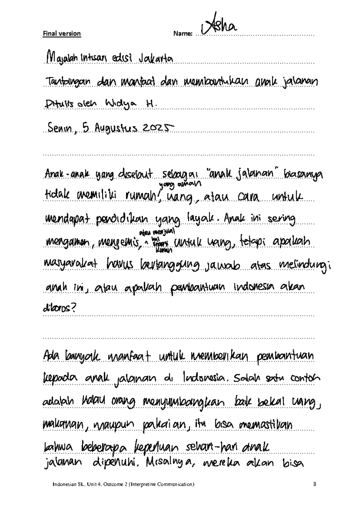 Indonesian SL, Unit 4, Outcome 2: Evaluative Article on Anak Jalanan ...