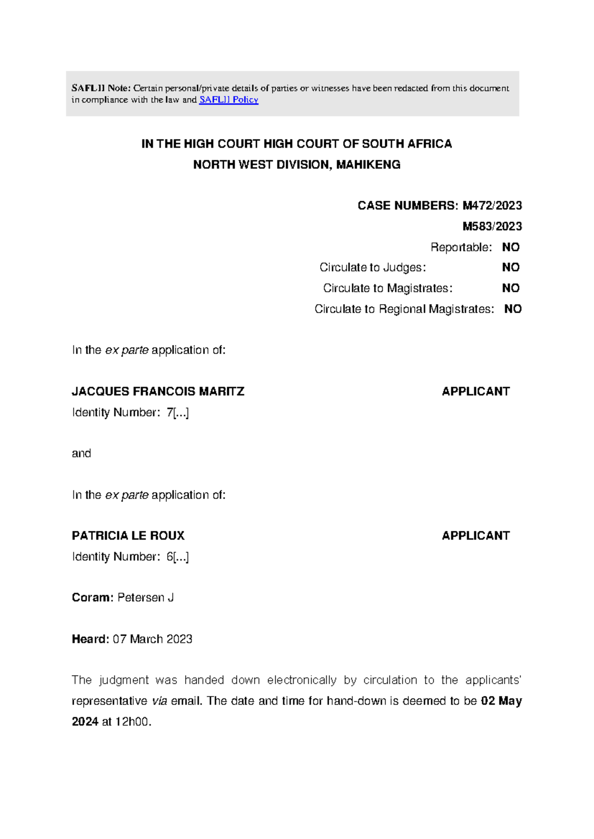 High Court Case No. [Case Number]: Judgment on Voluntary Surrender ...
