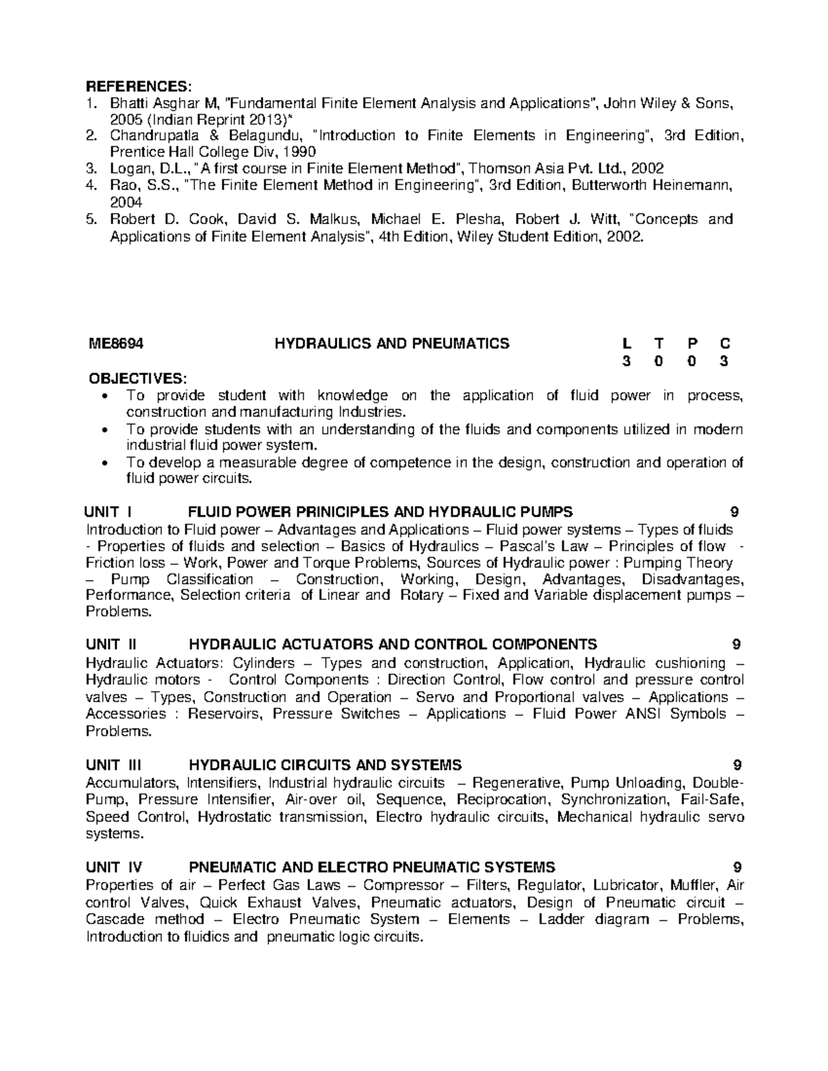 ME8694 Hydraulics and Pneumatics Syllabus & Reference Guide - Studocu