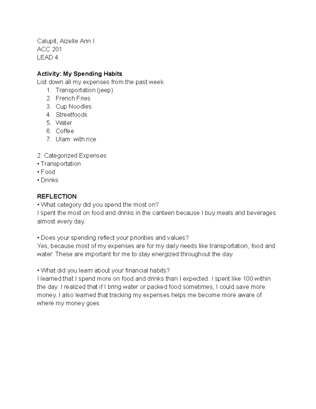 ACC 201 LEAD 4 Activity: Analyzing My Weekly Spending Habits - Studocu
