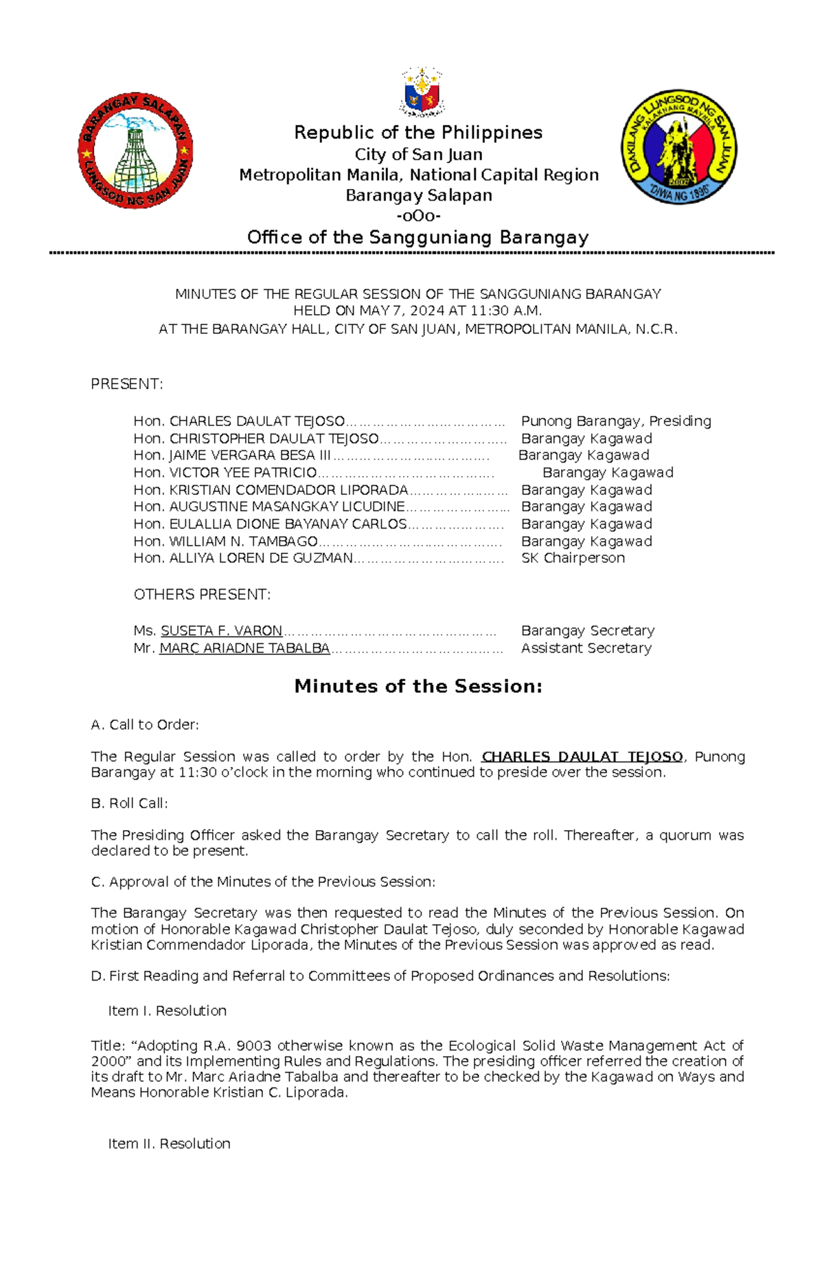 Minutes of Regular Session of Barangay Salapan - May 7, 2024 - Studocu