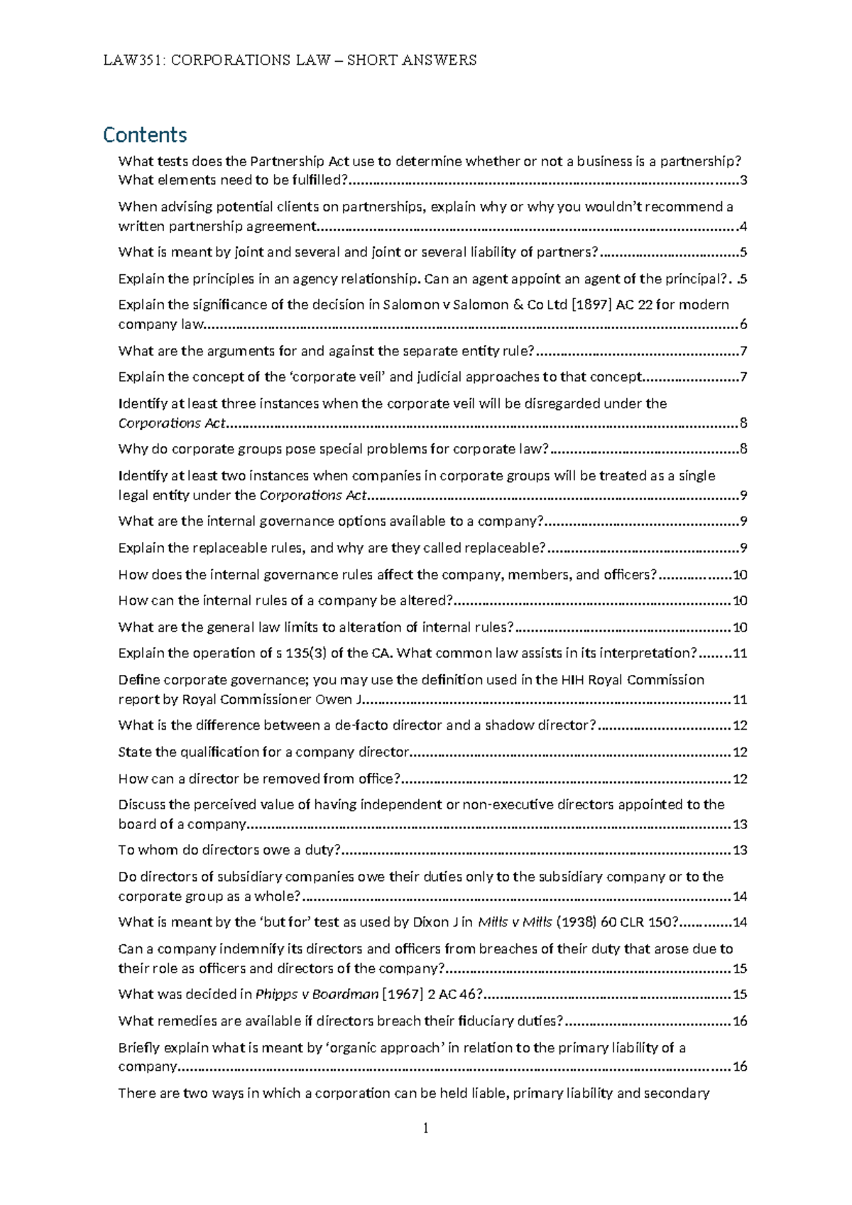 LAW351: Corporations Law Short Answer Study Guide - Studocu