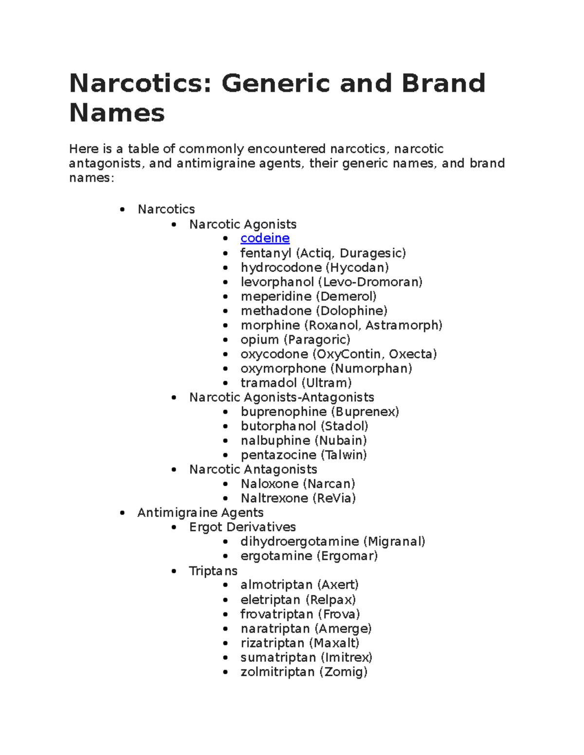 Narcotics - lam - Narcotics: Generic and Brand Names Here is a table of ...