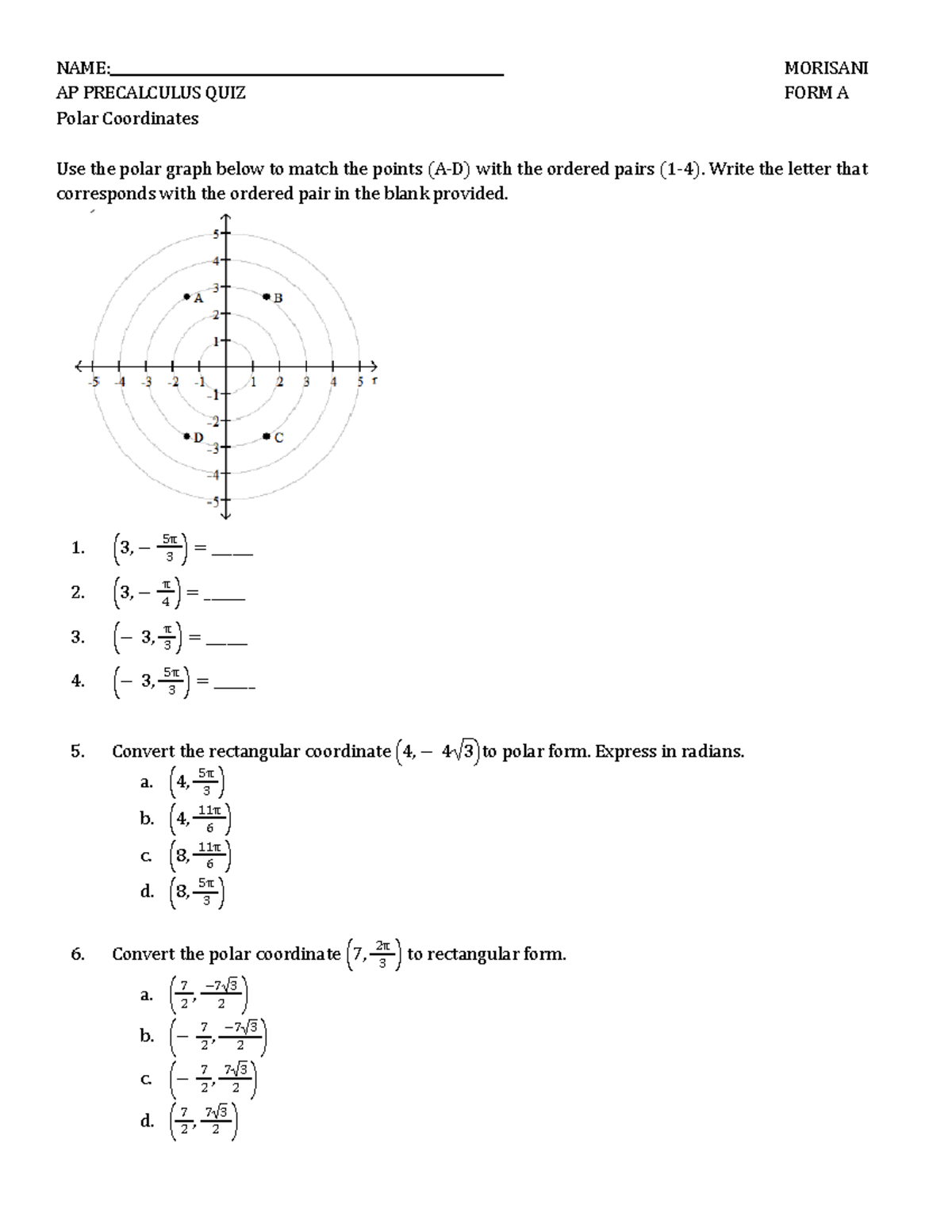 AP PRECALCULUS Quiz on Polar Coordinates - Form A - Studocu