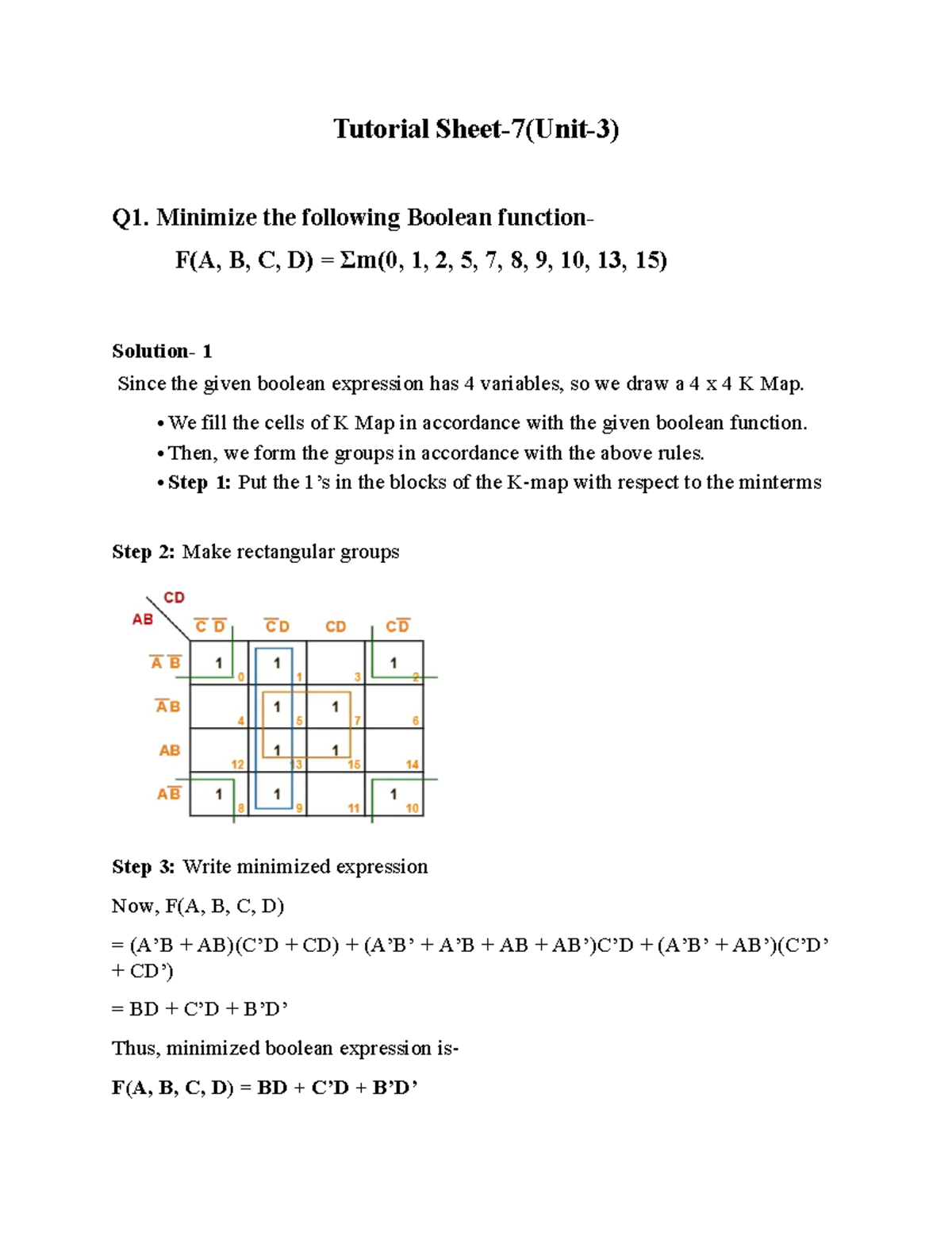 Tutorial Sheet 7: Minimizing Boolean Functions and Problem Set (Unit-3 ...