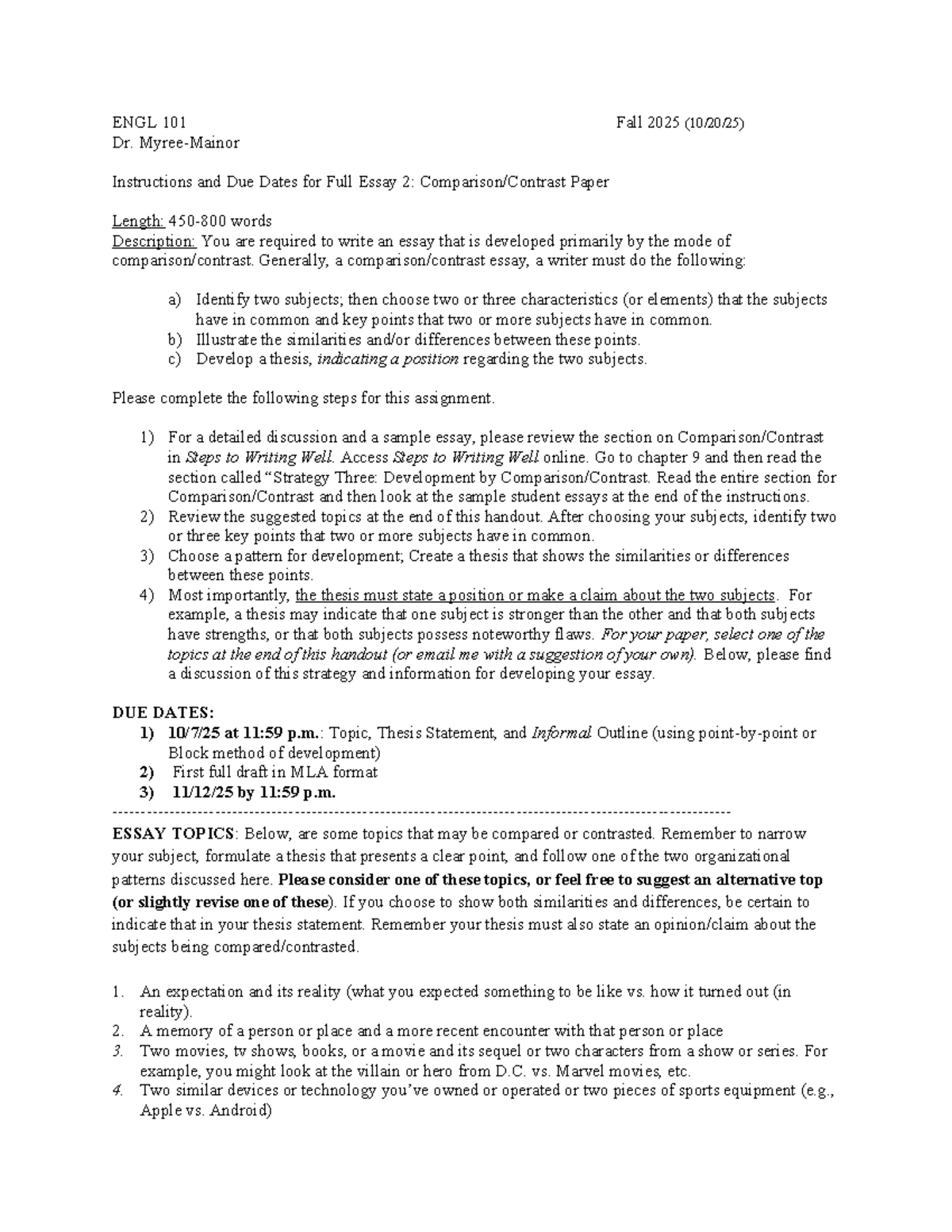ENGL 101 08 Essay 2: Compare and Contrast Instructions & Topics - Studocu