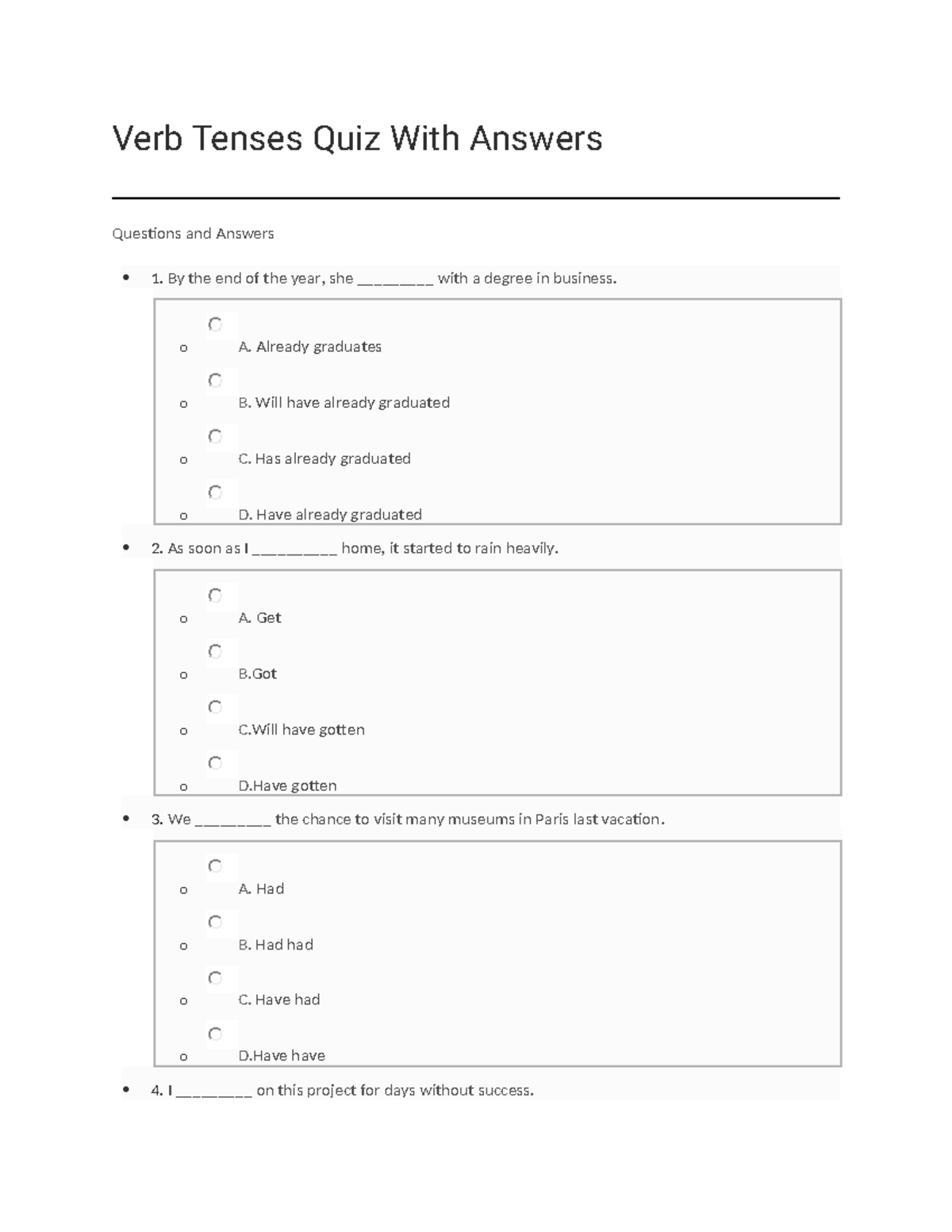Verb Tenses Quiz With Answers - Verb Tenses Quiz With Answers Questions ...