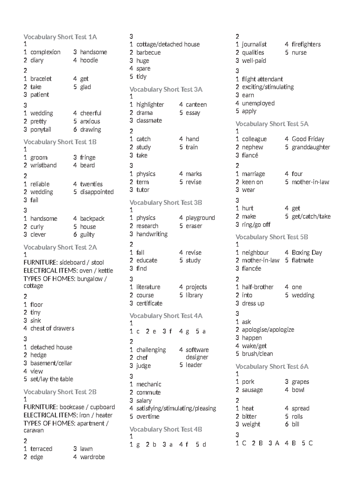 Repetytorium Vocabulary Short Tests Answer Key (Levels 1A-12A) - Studocu