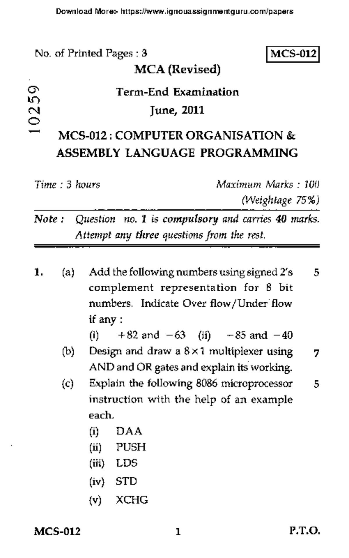 MCS 012 previous year question papers by ignouassignmentguru - No. of Printed Pages : 3 MCS- MCA ...