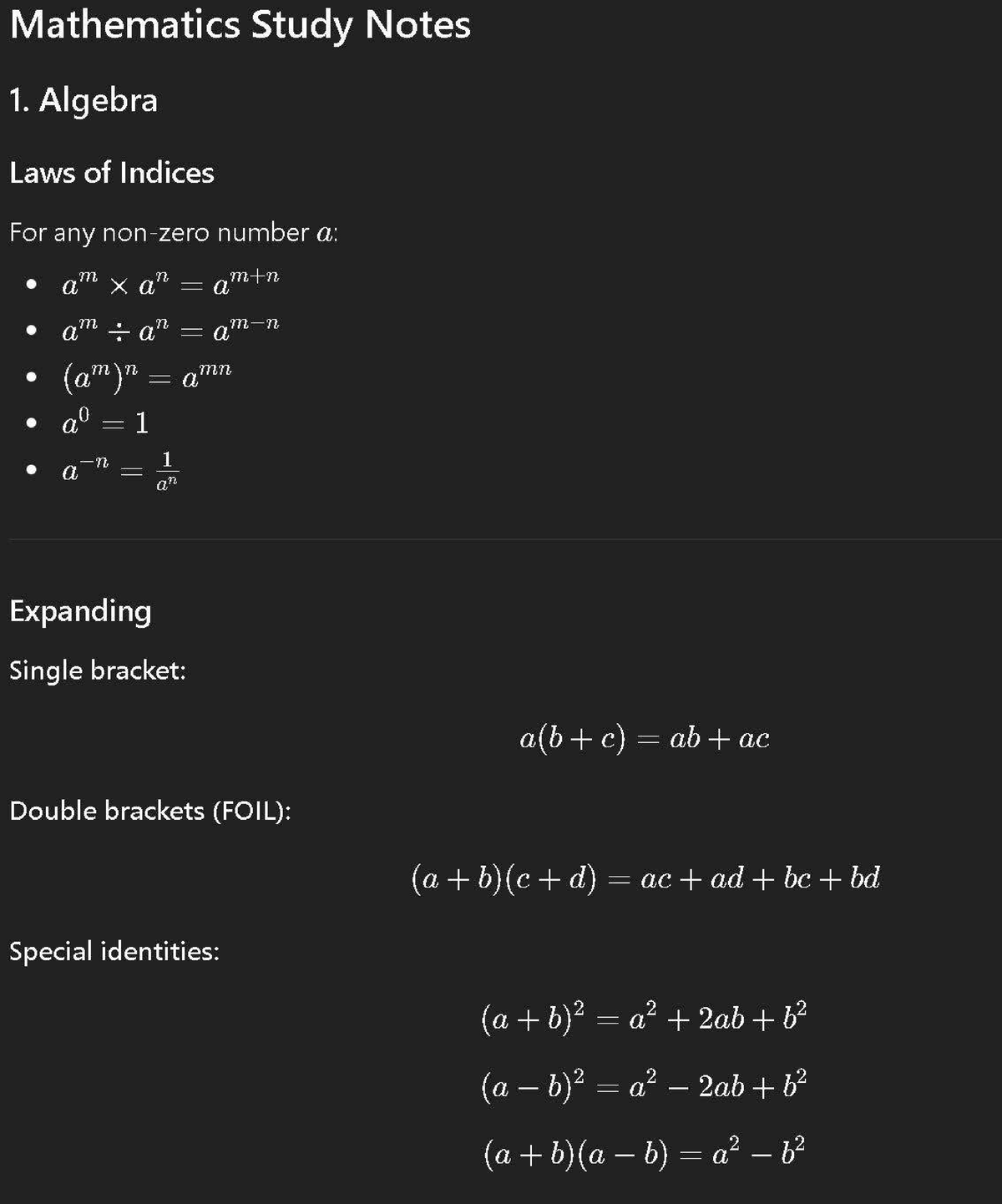 Mathematics Study Notes 1: Algebra Laws and Identities - Studocu