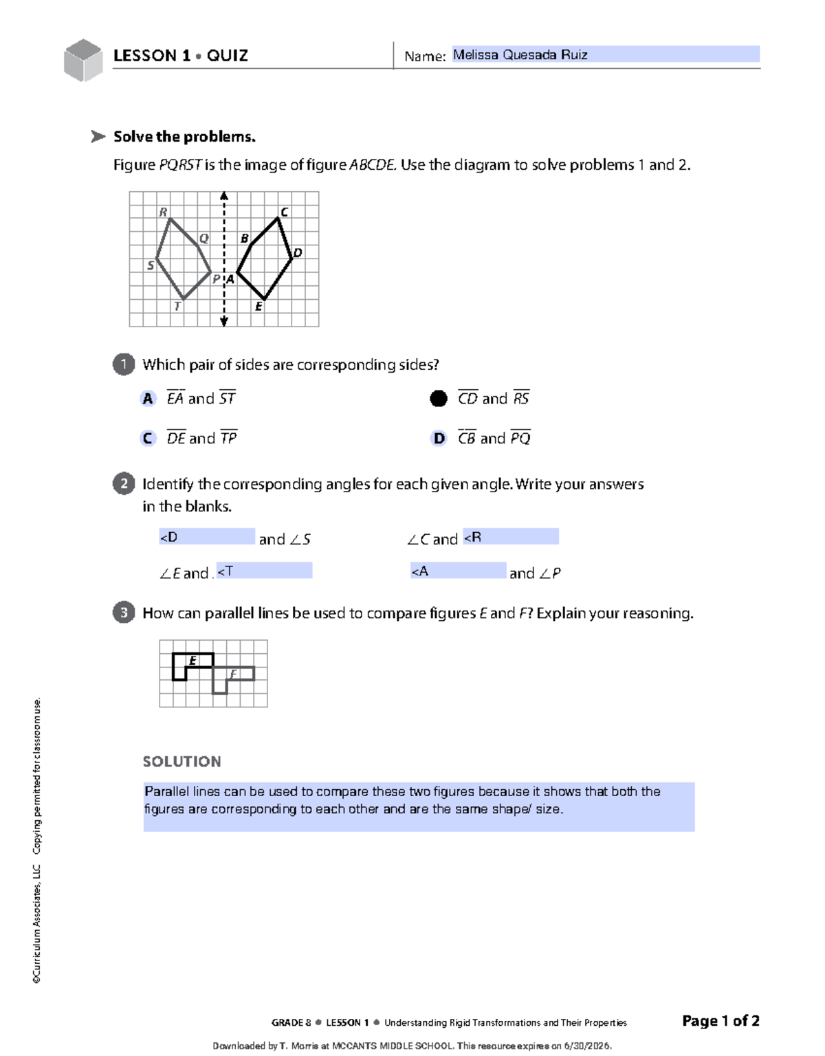 GRADE 8 LESSON 1 QUIZ: Understanding Rigid Transformations - Studocu