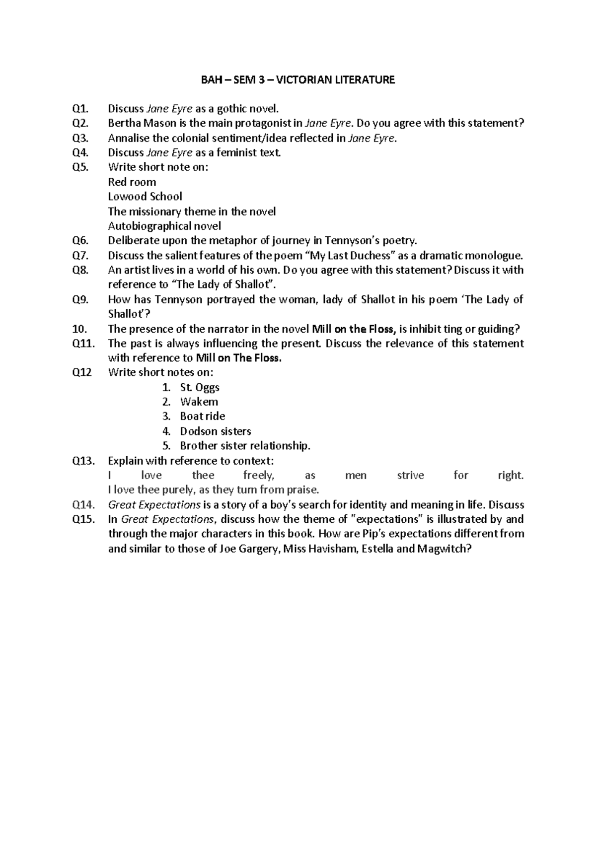 BAH SEM 3 VICTORIAN LITERATURE QP: Key Themes & Analysis - Studocu