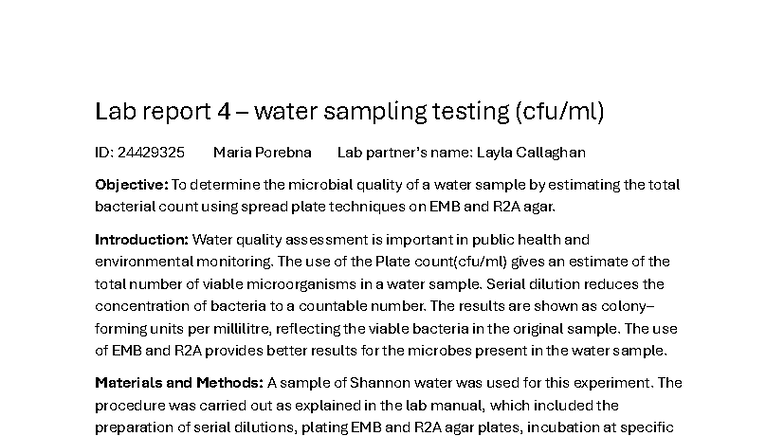 Lab Report 4: Water Sampling & Microbial Quality Analysis - Studocu