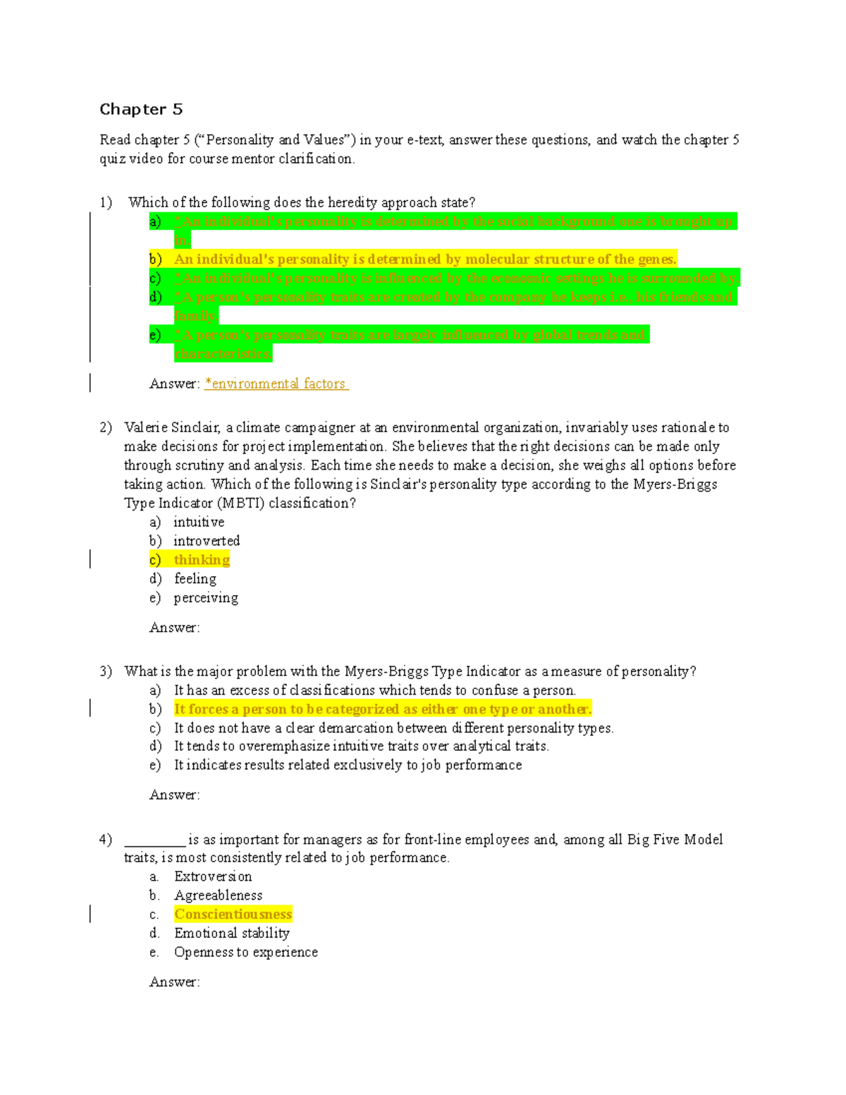 CHAP 5 Quiz: Personality and Values in Organizational Behavior - Studocu