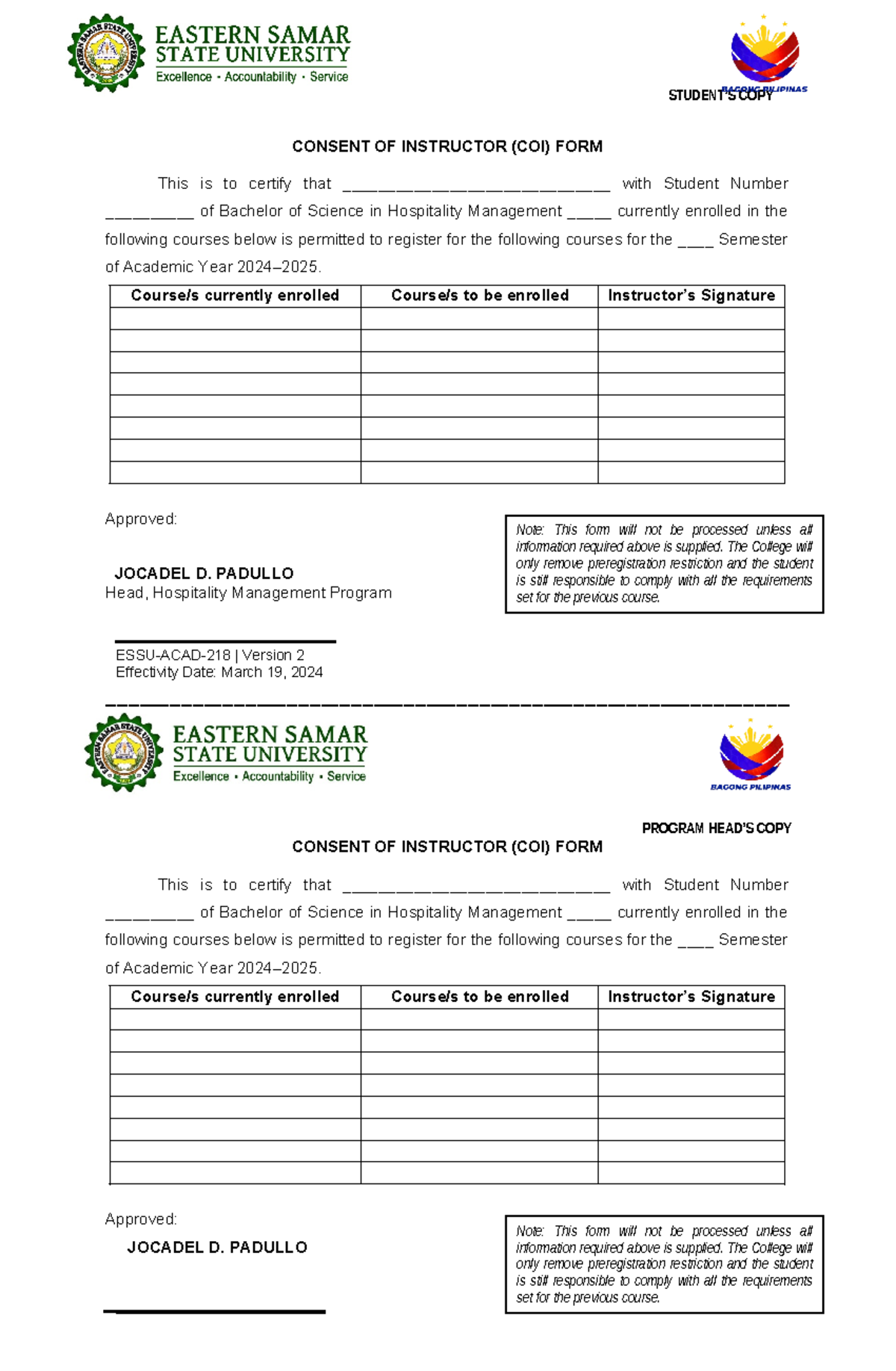 BSHM COI Long Bond Paper - STUDENT’S COPY CONSENT OF INSTRUCTOR (COI ...