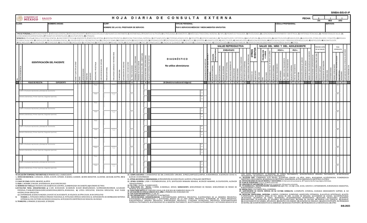 Sinba-SIS-01-P 2023 Hoja Diaria Consulta Externa y Salud Integral - Studocu