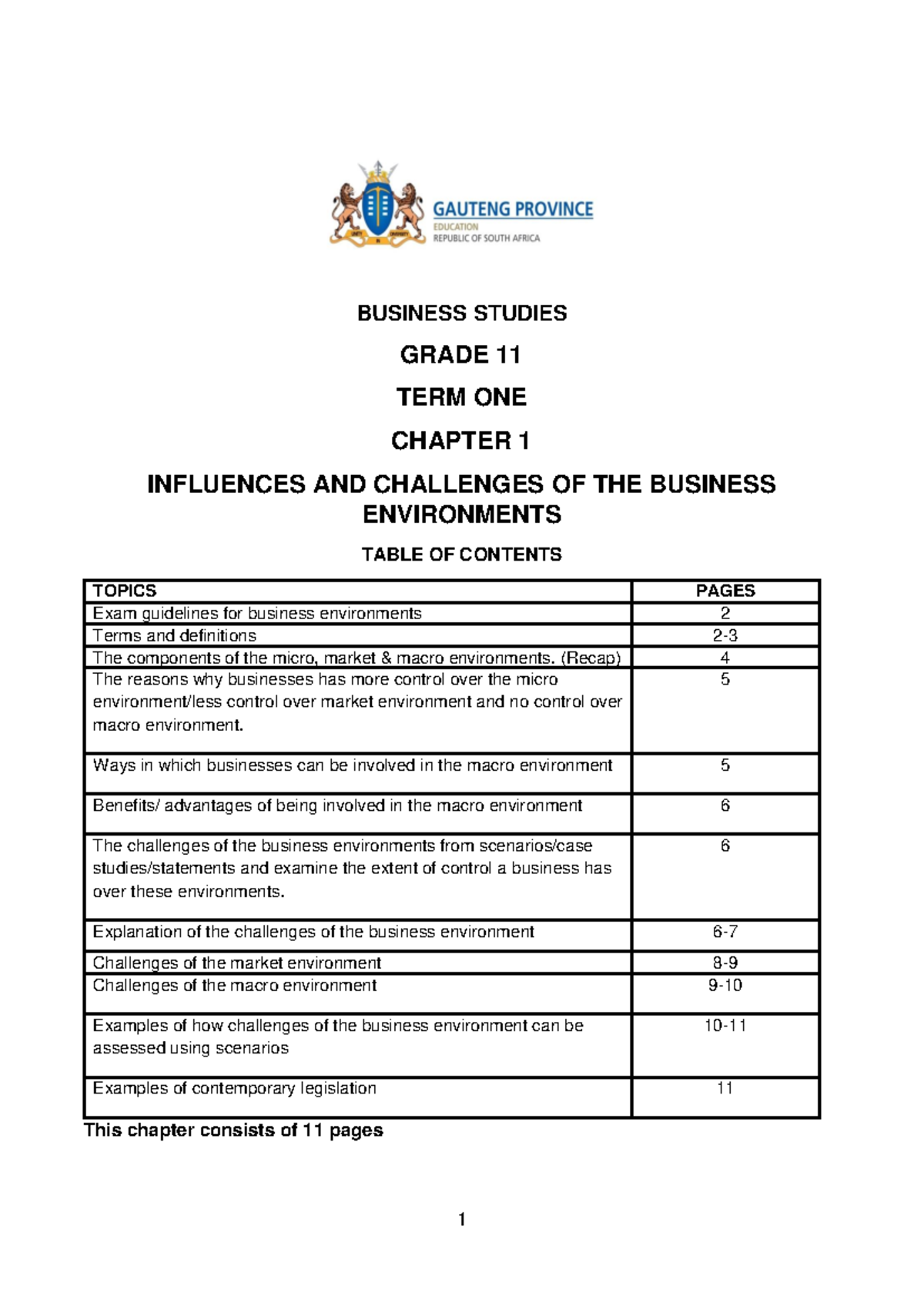 Grade 11 Business Studies: Term 1 Compilation on Business Environments ...