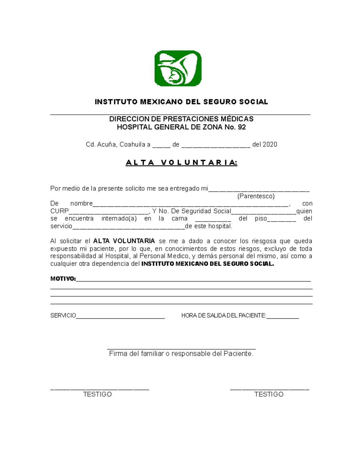 Solicitud de ALTA VOLUNTARIA - Hospital General de Zona No. 92 - Studocu
