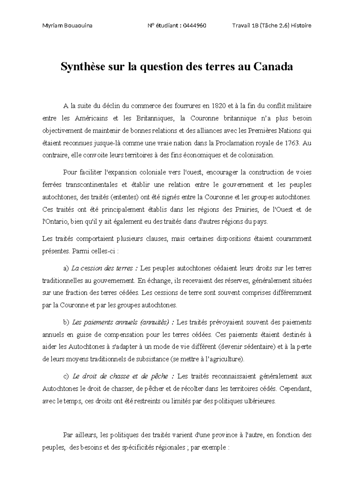 HIST-1B-Synthèse sur les Traités et Cessions de Terrains au Canada ...