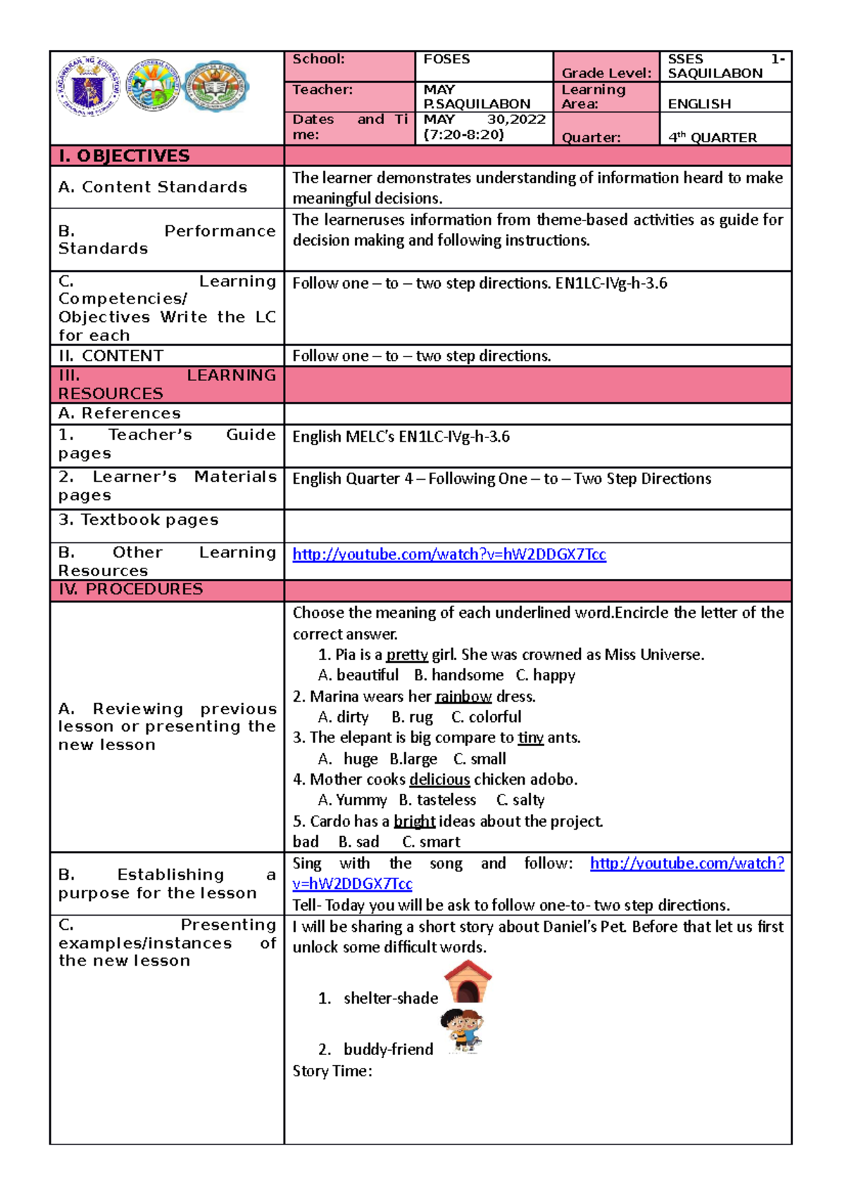 COT English Q2 Week 5 Lesson on Following One to Two Step Directions ...
