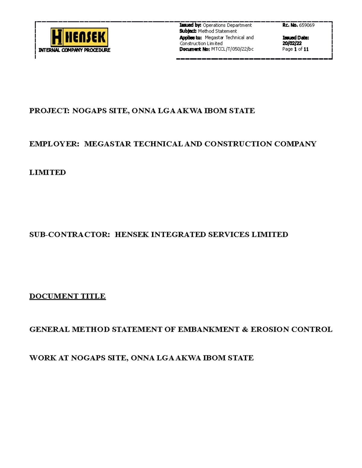 Hensek Method Statement - INTERNAL COMPANY PROCEDURE Subject: Method ...
