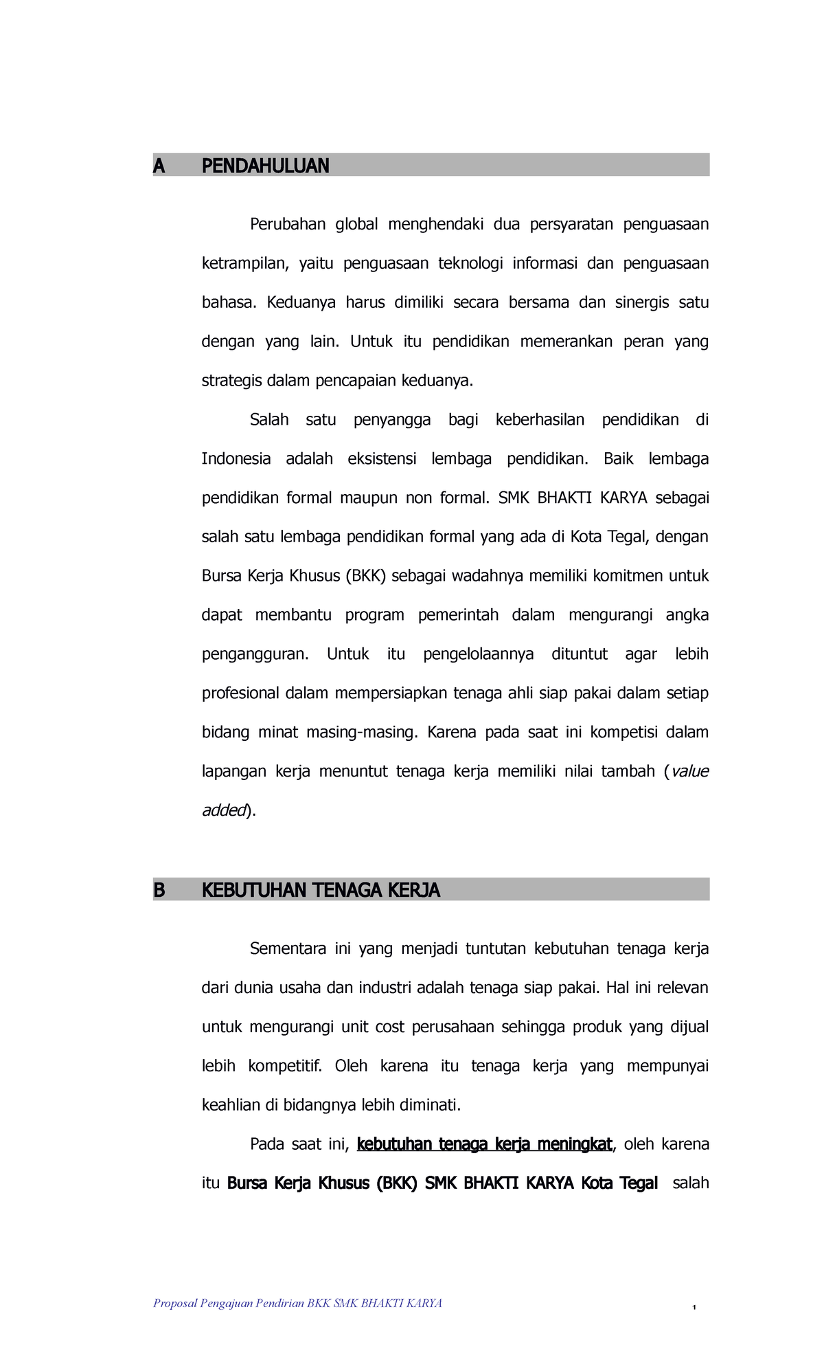 Proposal Pendirian BKK SMK Bhakti Karya – Kota Tegal - Studocu