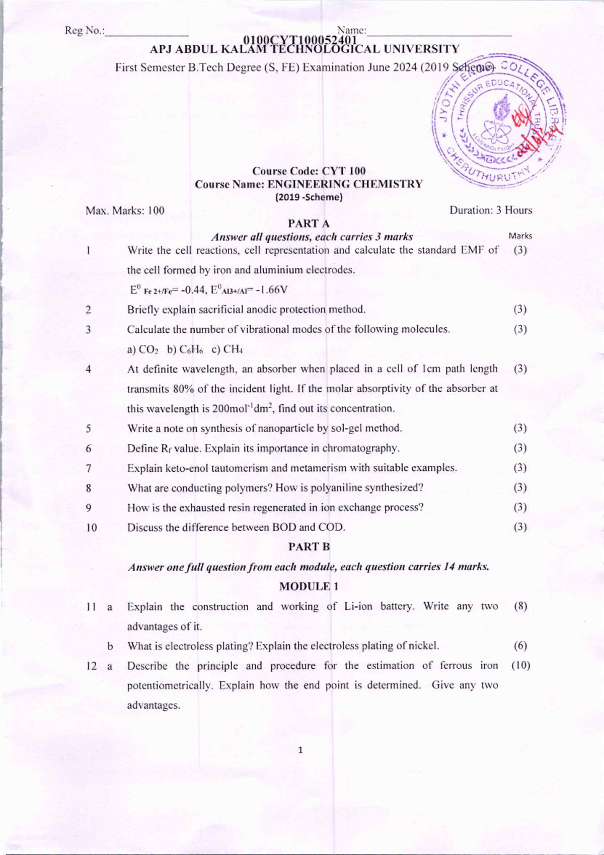 CYT100 Engineering Chemistry Final Exam June 2024 - Studocu