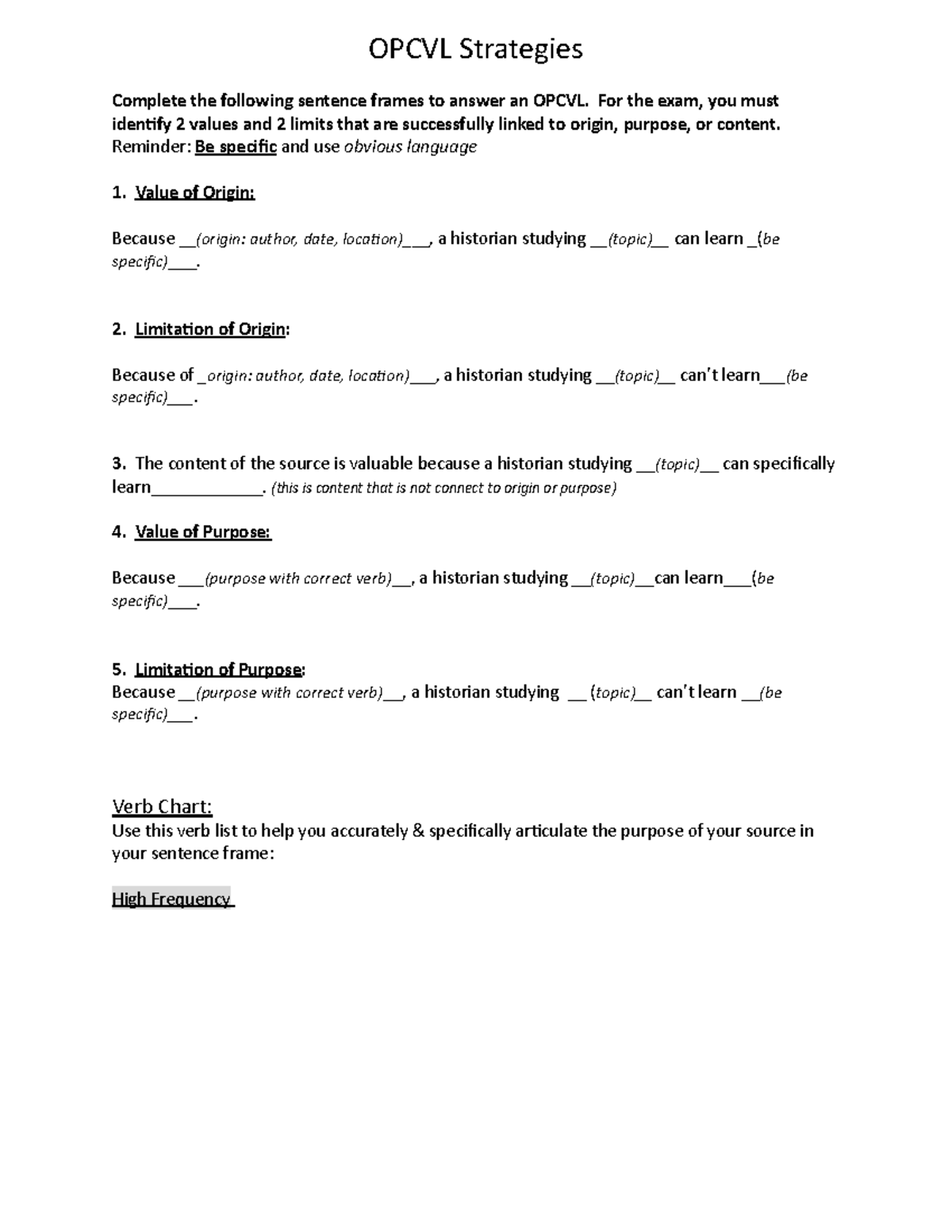 OPCVL Sentence Frames for Historical Analysis Strategies - Studocu