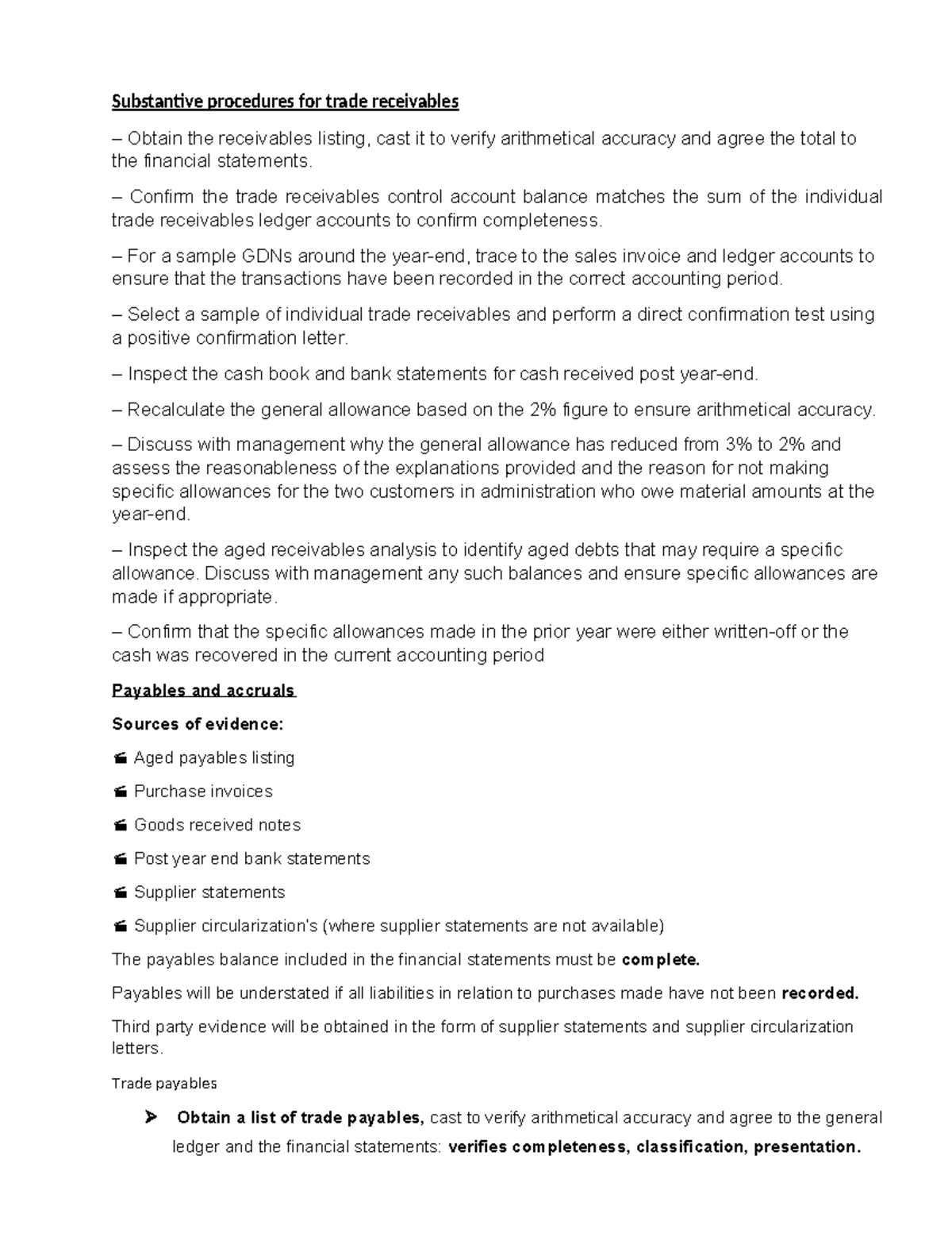 Audit Procedures for Trade Receivables and Payables CA PL - Studocu