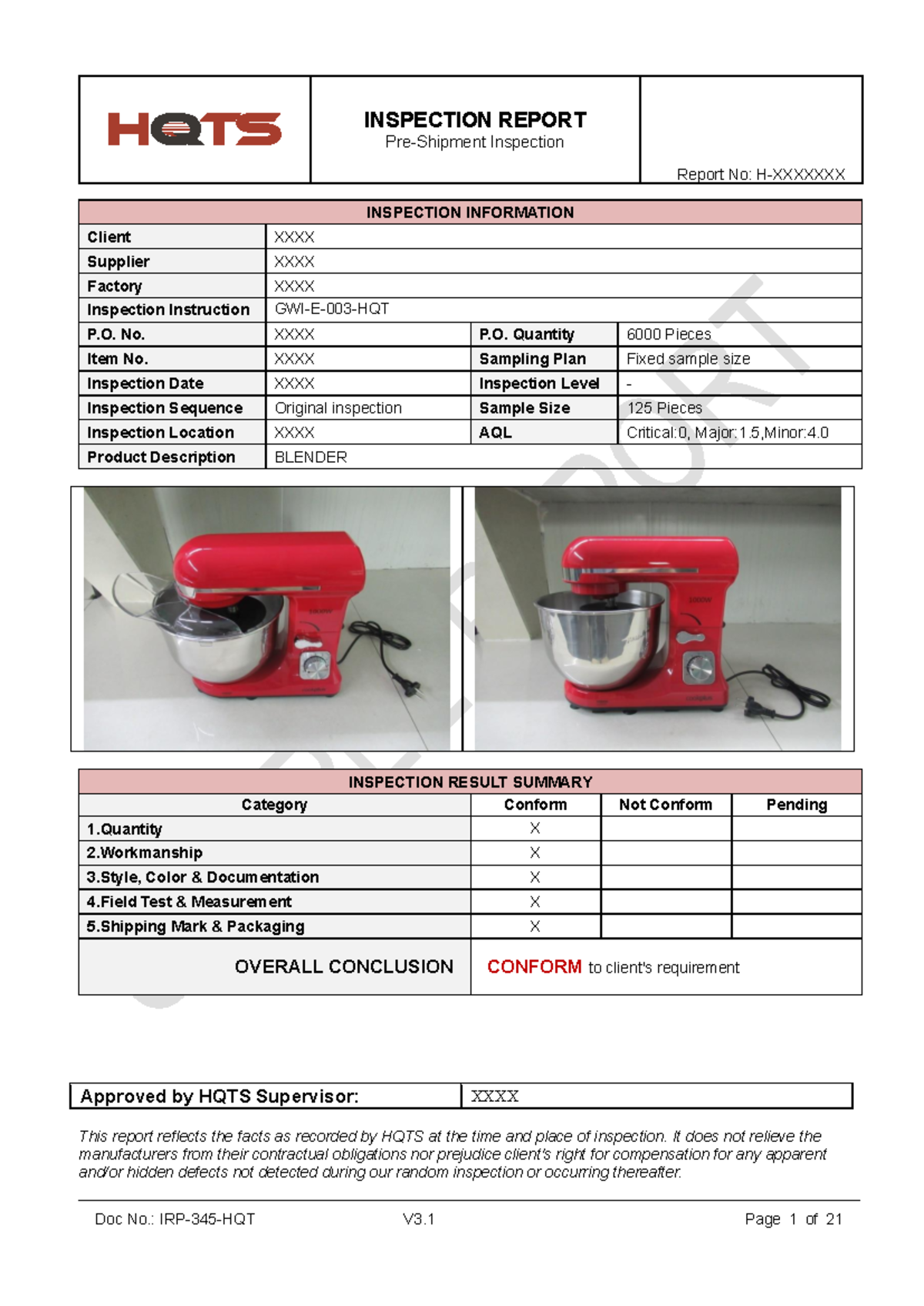 Pre-Shipment Inspection Report for Blender Product H-XXXXXXX - Studocu