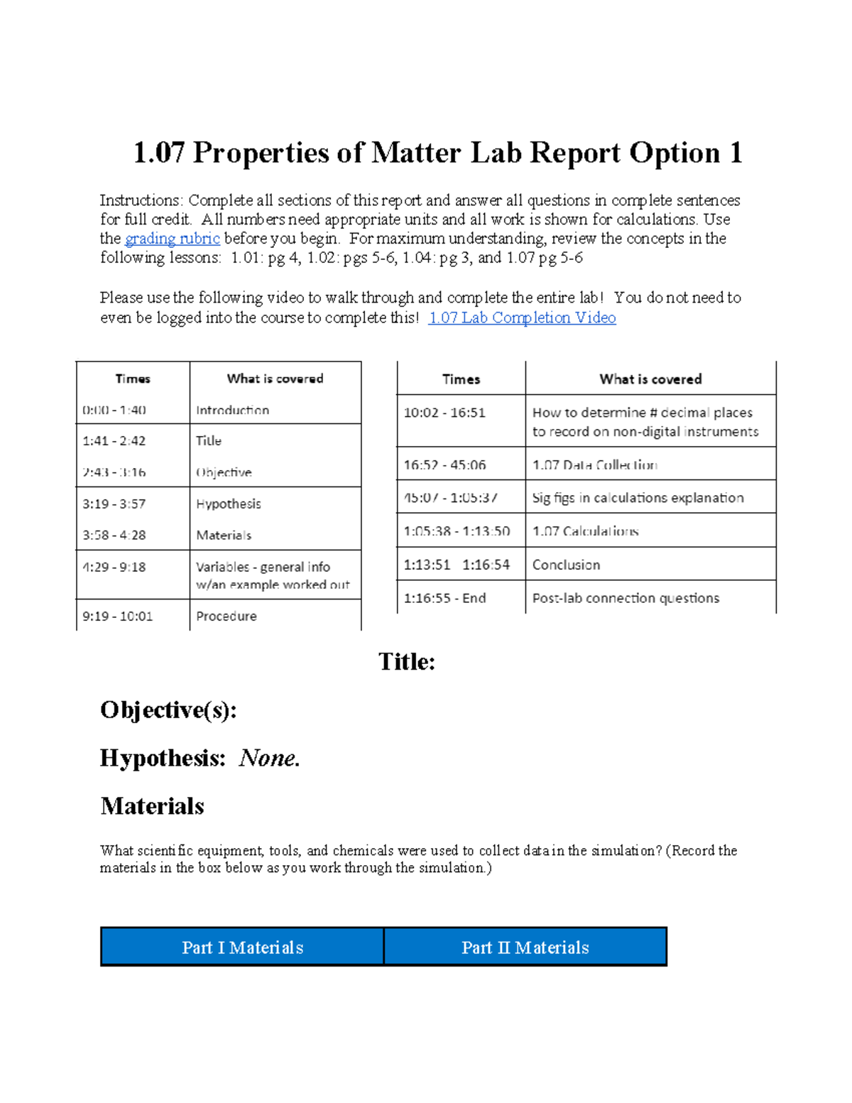1.07 Properties of Matter Lab Report - Option 1 Instructions - Studocu