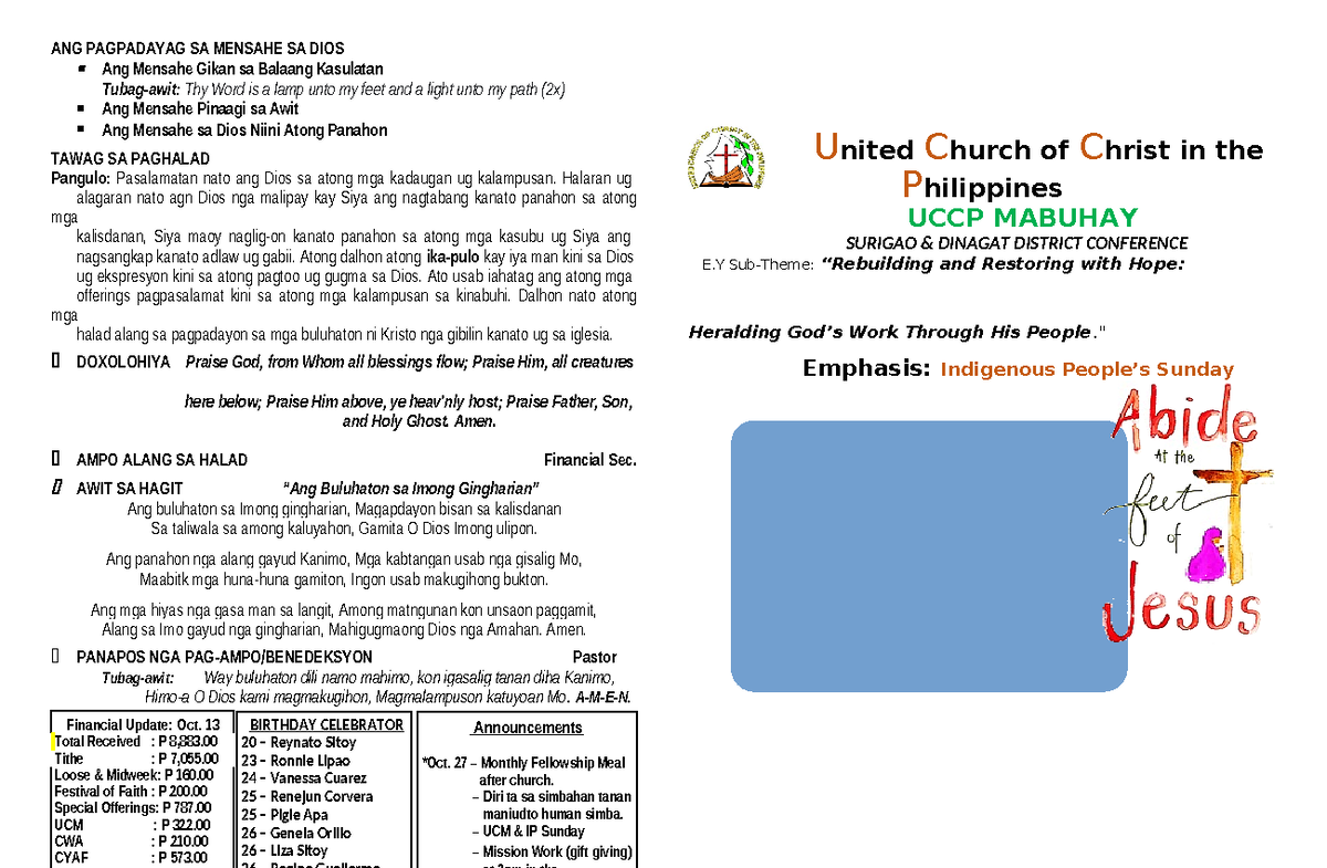 UCCP Worship Service Order - October 20, 2024 - Studocu
