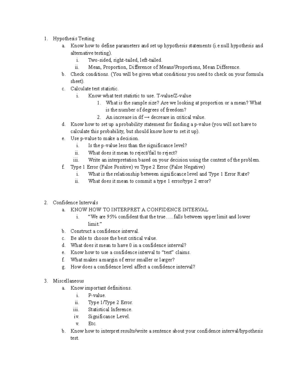 Exam 2 Study Guide: Hypothesis Testing & Confidence Intervals - Studocu