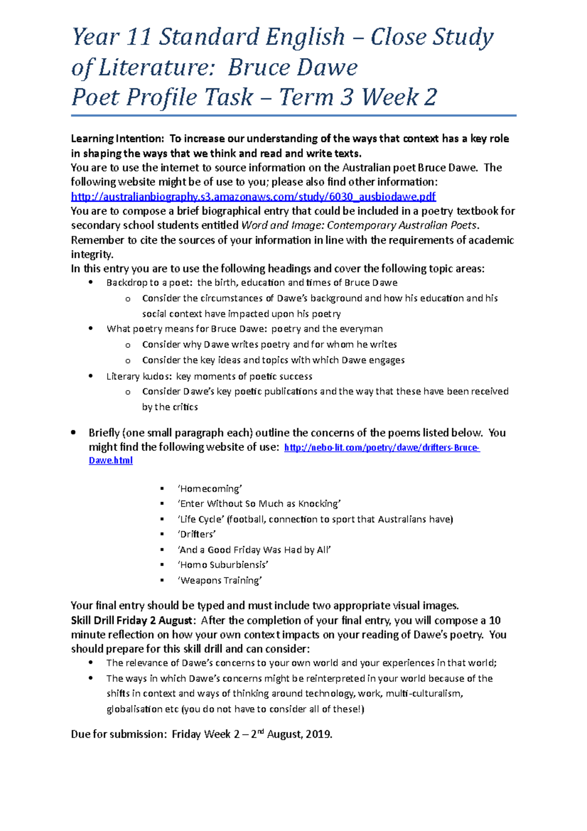 Year 11 Standard English: Bruce Dawe Poet Profile Task Completion - Studocu