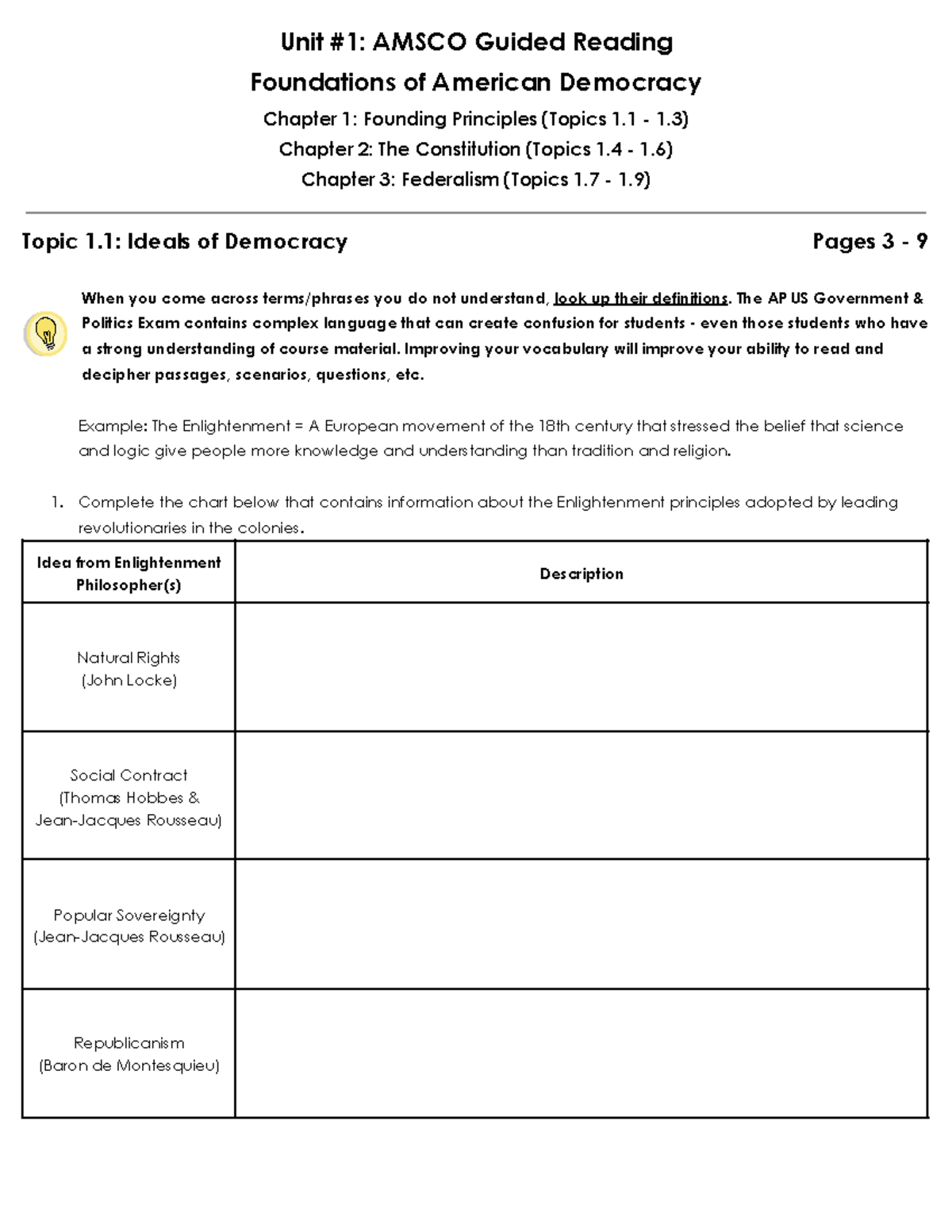 AP US Gov & Politics Unit #1 AMSCO Guided Reading Worksheet - Studocu