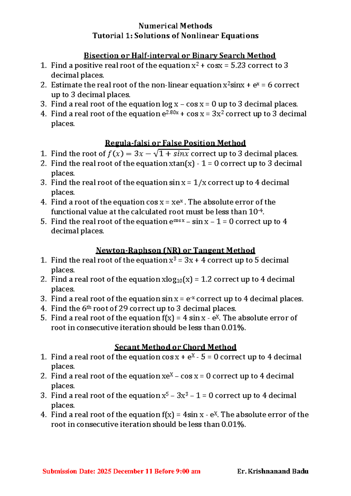 Numerical Methods Tutorial 1 Nonlinear Equations Solutions Bce Ii I