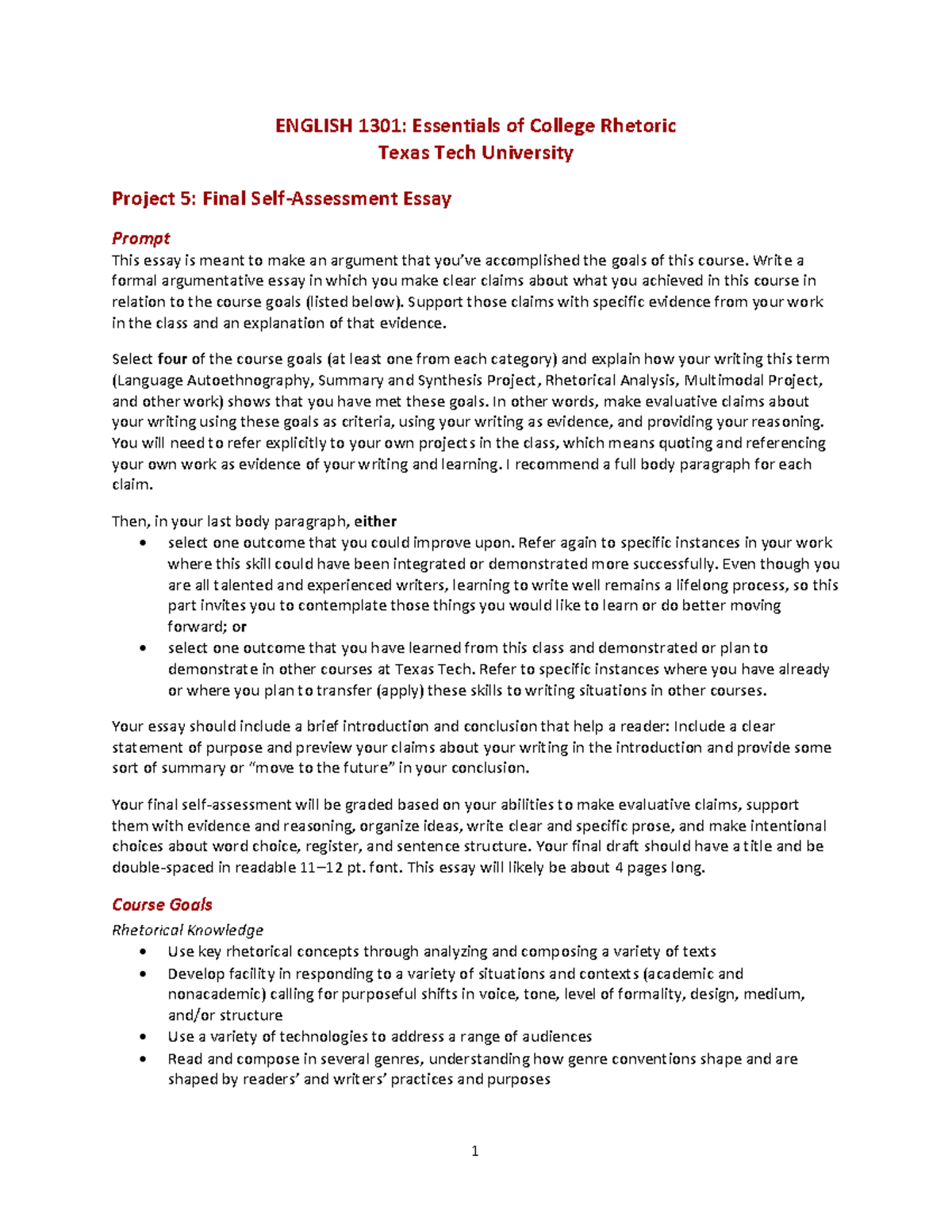 ENGL 1301 Project 5: Final Self-Assessment Essay Analysis - Studocu