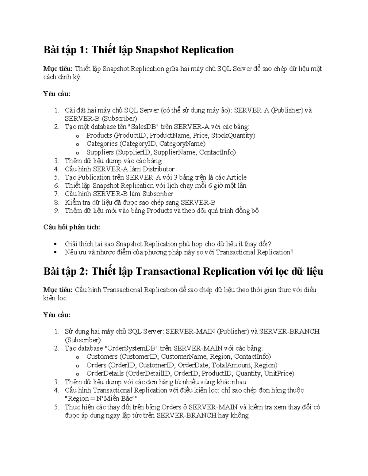 Bài tập 1-4: Thiết lập Replication trong SQL Server - Studocu