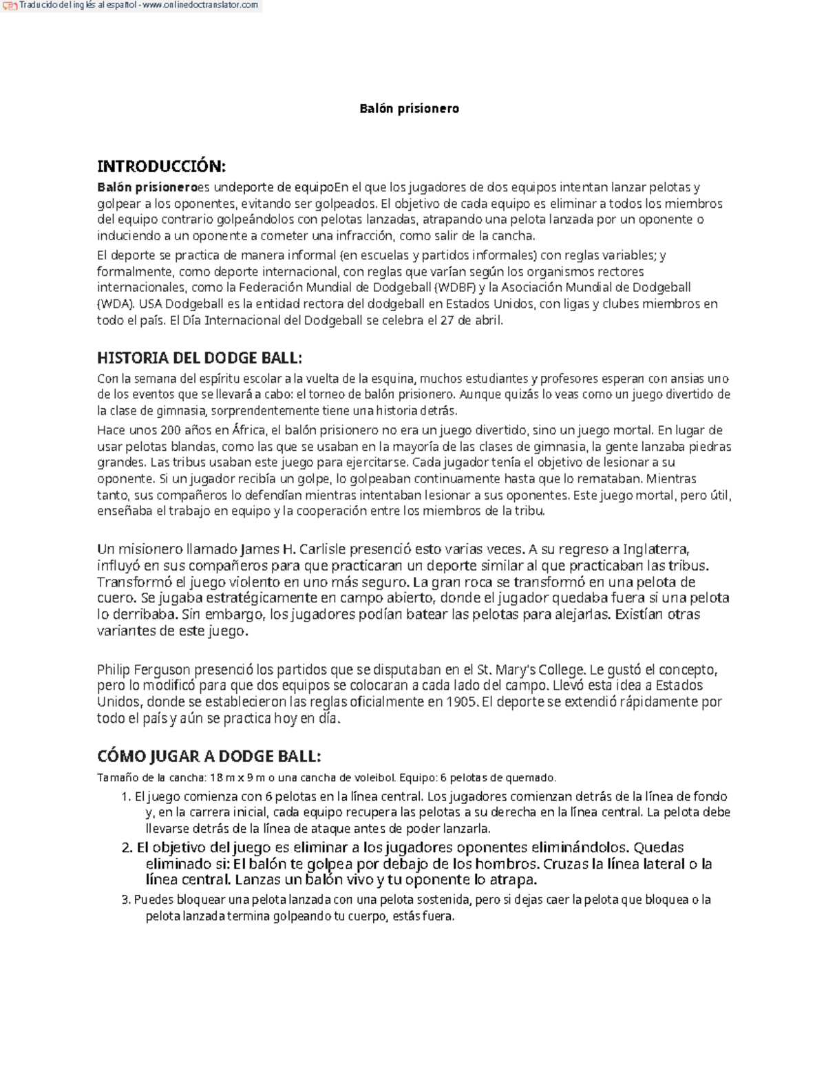 Historia del Dodgeball (Balón Prisionero) - Introducción y Reglas - Studocu