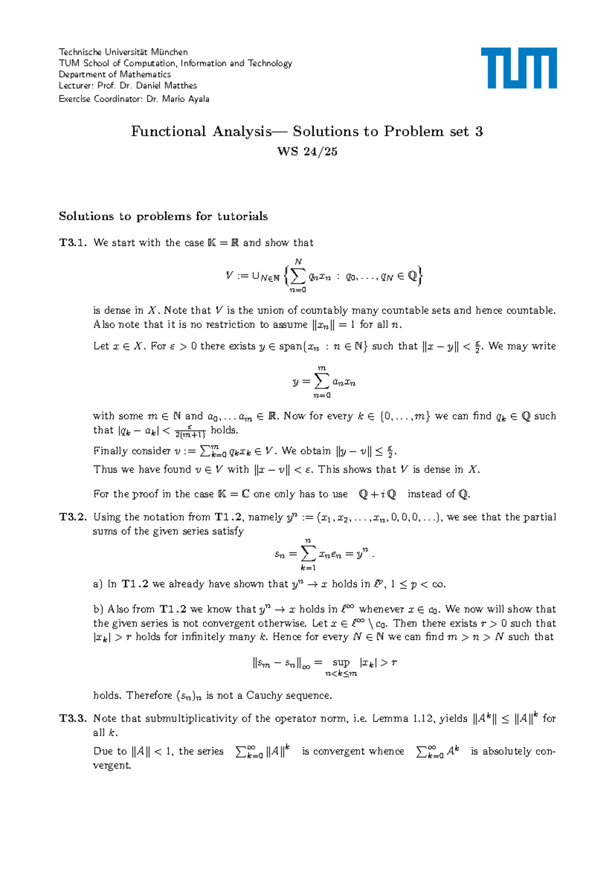 Functional Solutions to Problem Set 3 - TUM Mathematics WS - Studocu