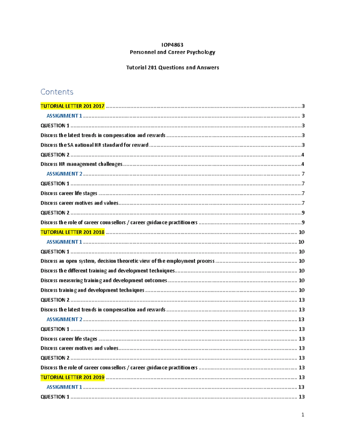 IOP4863 Tutorial Questions and Answers - Personnel and Career Psychology Tutorial 201 Questions ...