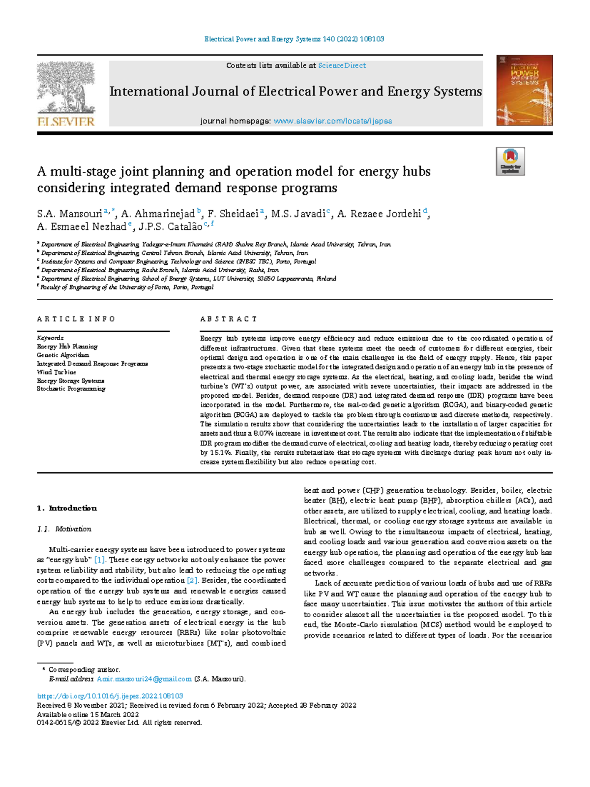 A Multi-Stage Joint Planning & Operation Model for Energy Hubs (EE 140 ...