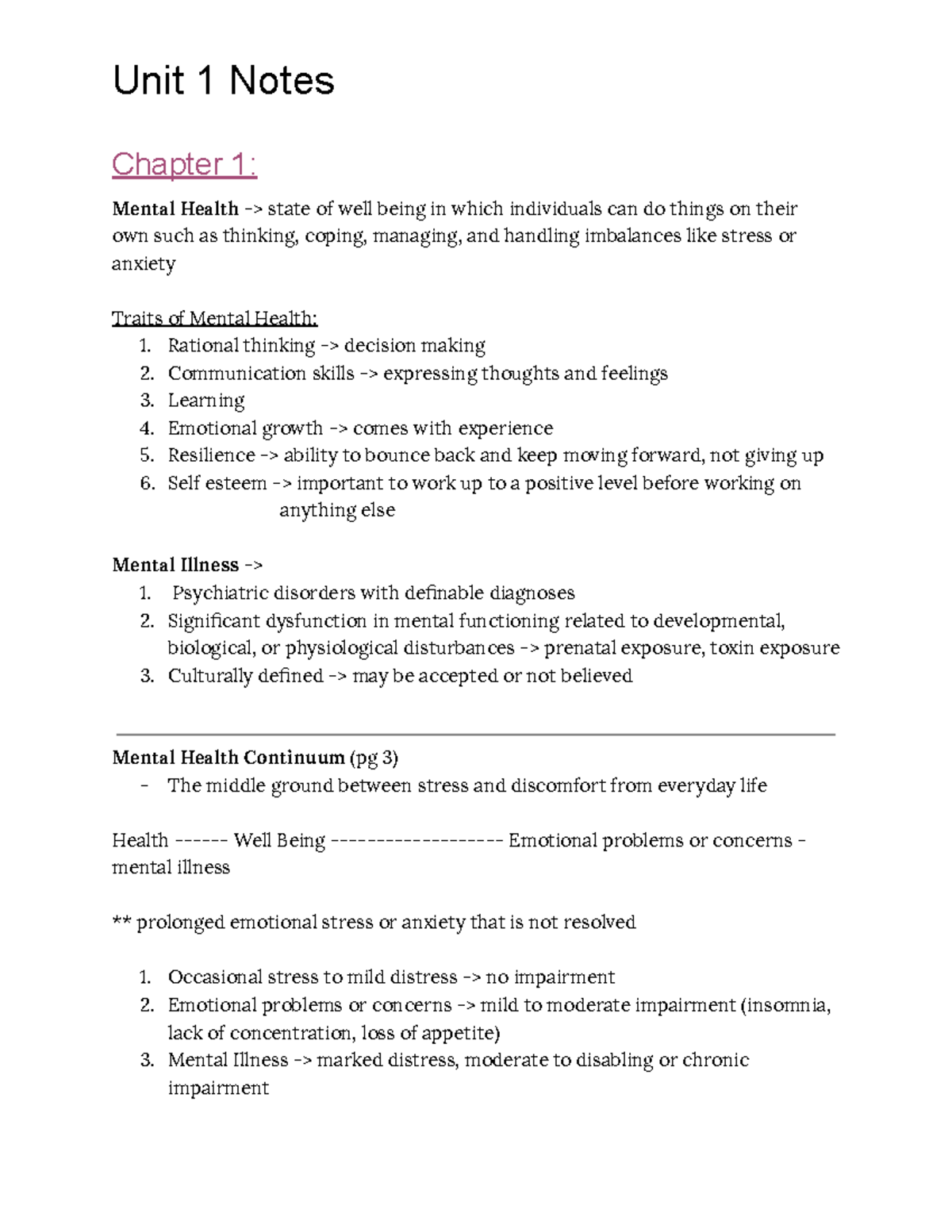 Mental Health Unit 1 Notes - Google Docs - Chapter 1: Mental Health ...