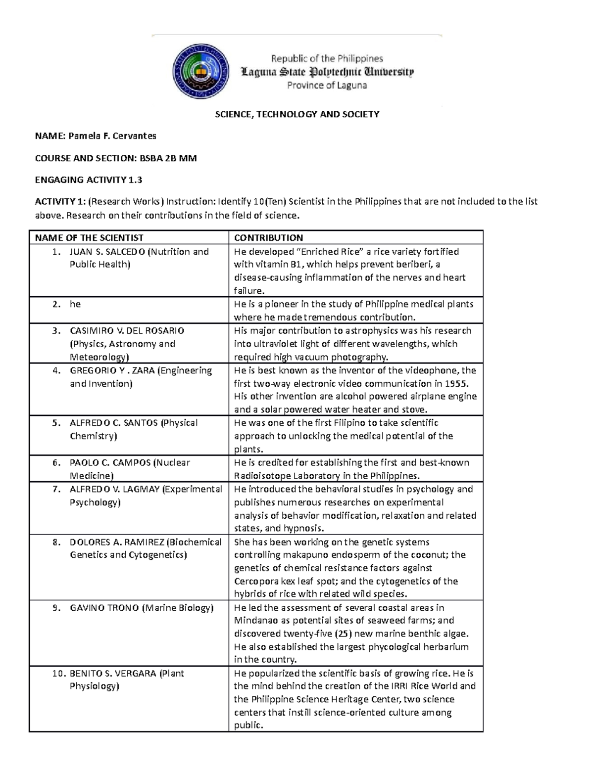 STS-Activity 1.3: Contributions of Filipino Scientists and Colonizers ...