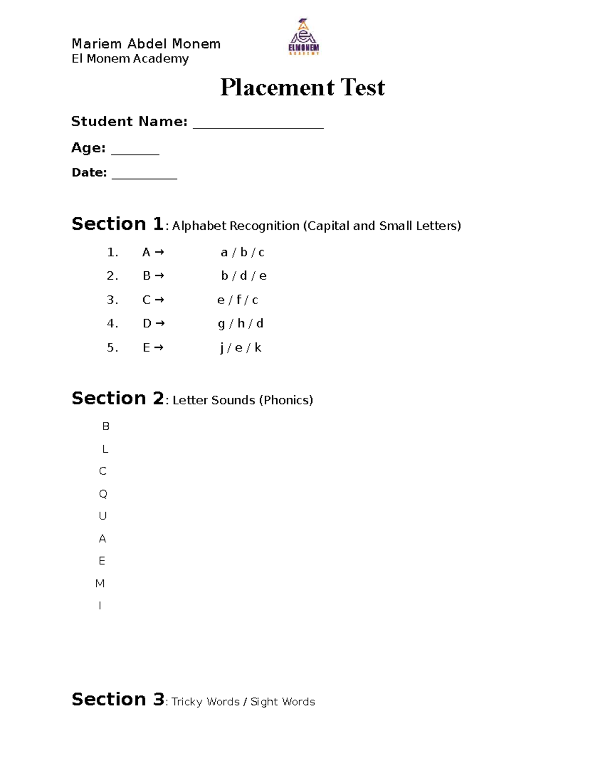 Placement Test - Teaching as a foreign language - Mariem Abdel Monem El ...