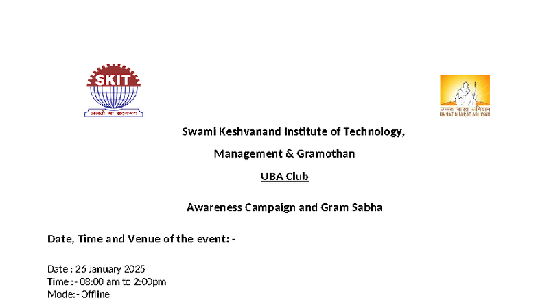 Awareness Campaign & Gram Sabha Report - UBA, SKIT (26 Jan 2025) - Studocu